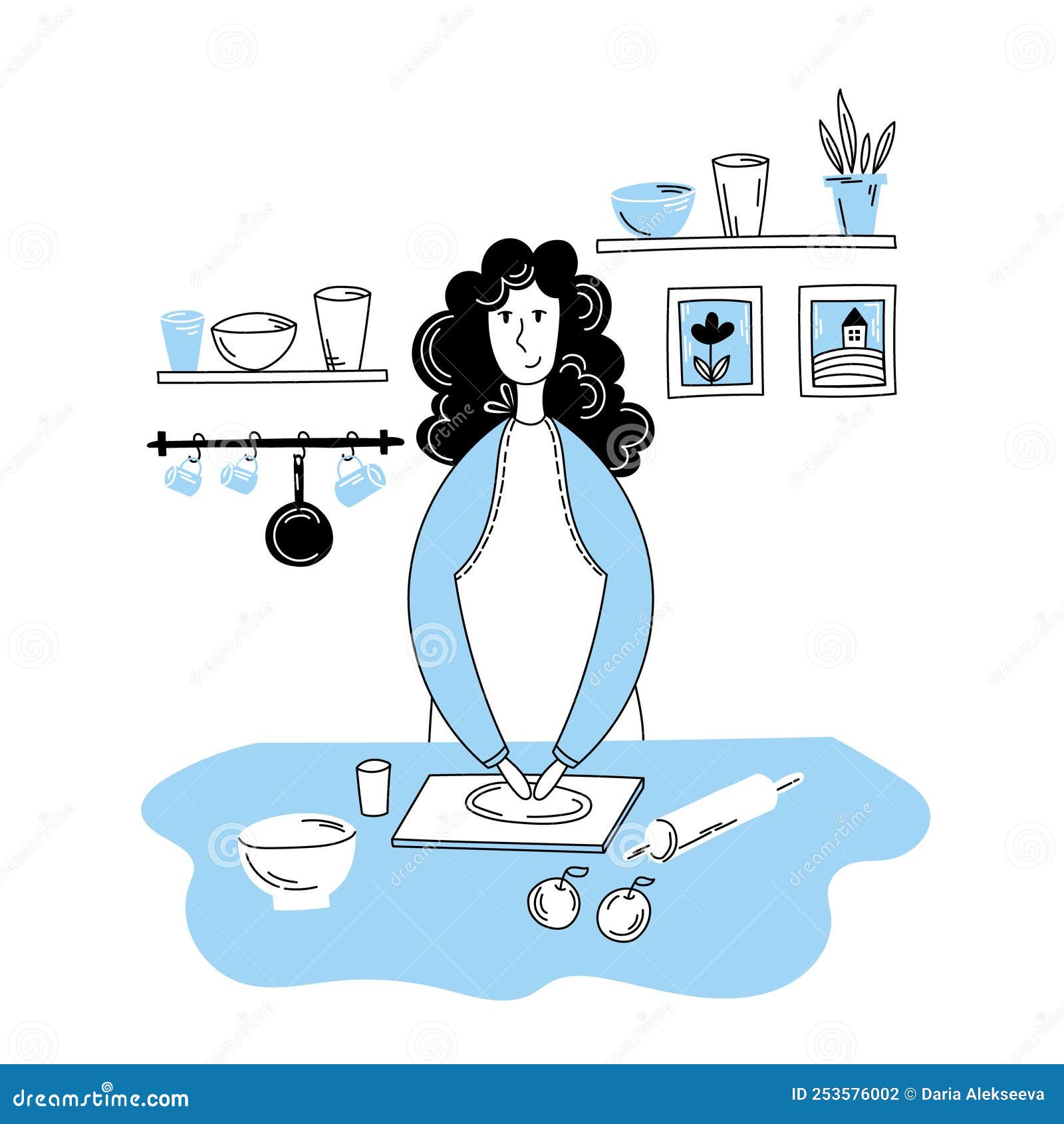 The Girl is Cooking in the Kitchen. Kitchen Interier. Flat Cartoon ...