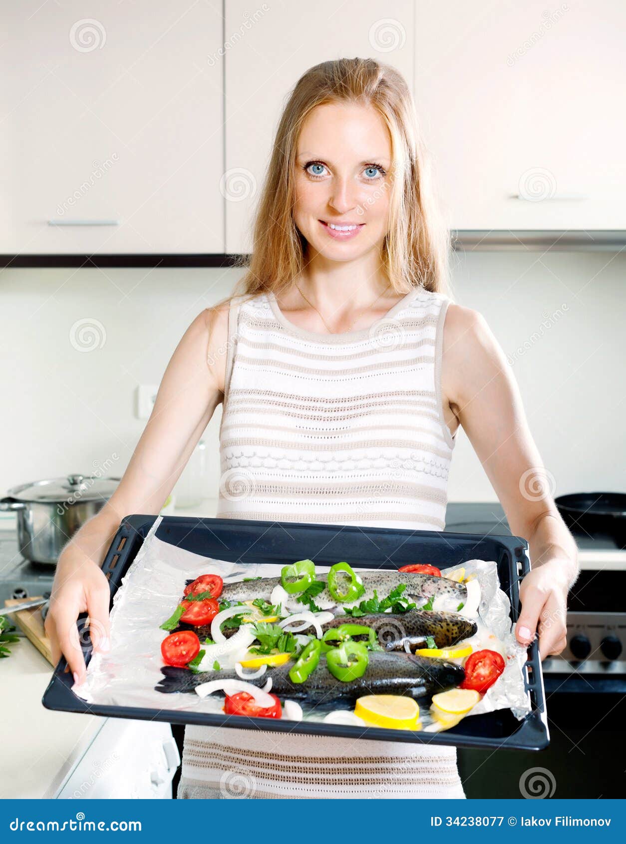 Girl Cooking Trout Fish in Pan Stock Image - Image of cuisine, homework ...