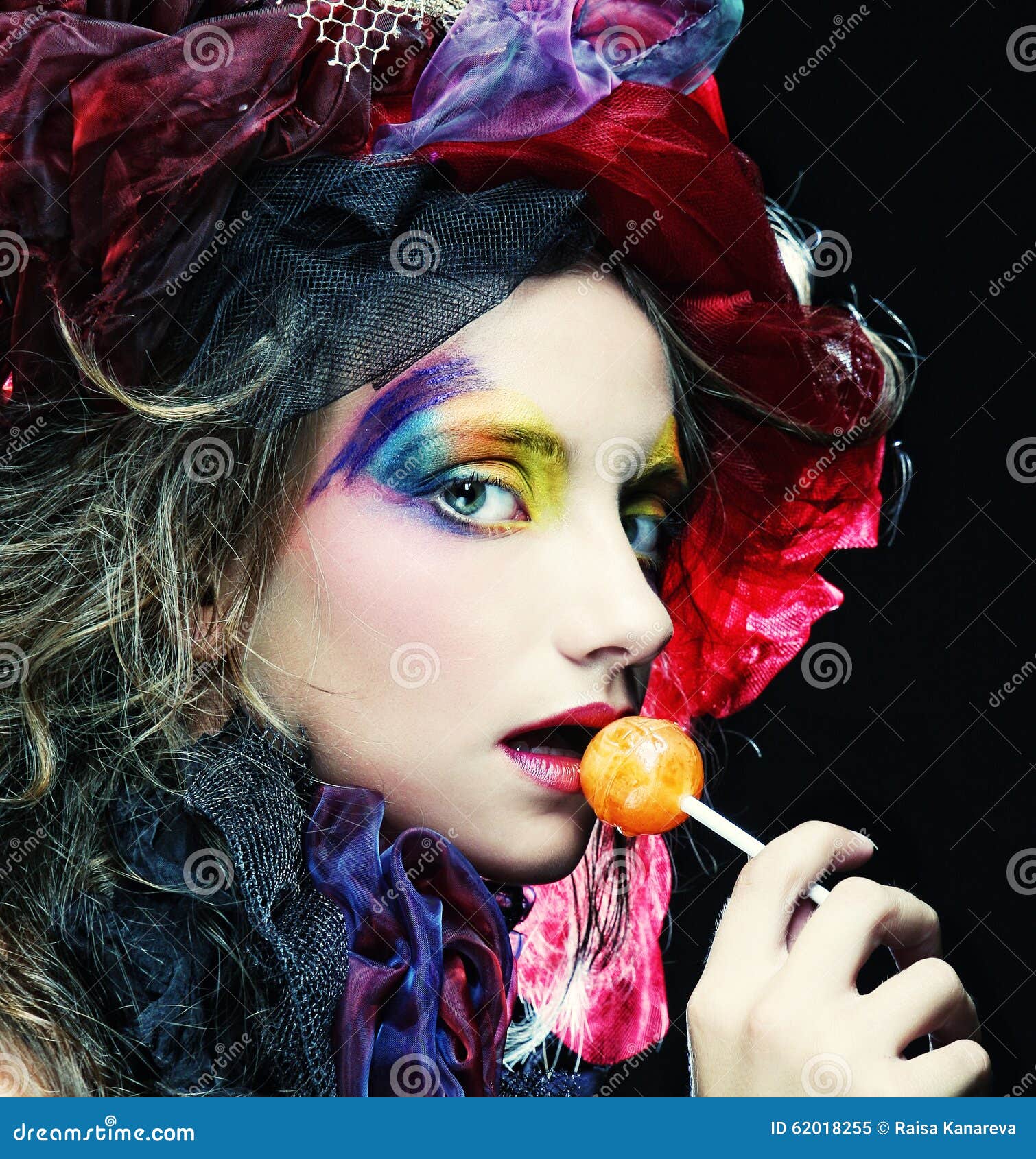 Girl with with Creative Make-up Holds Lollipop Stock Image - Image of ...
