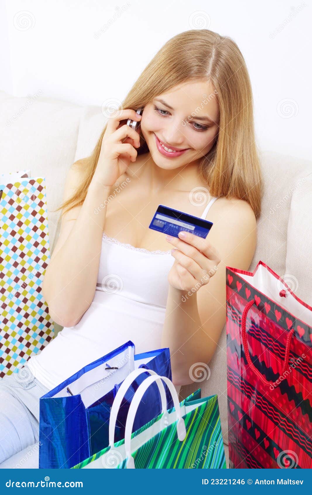Girl with credit card stock photo. Image of color, home - 23221246
