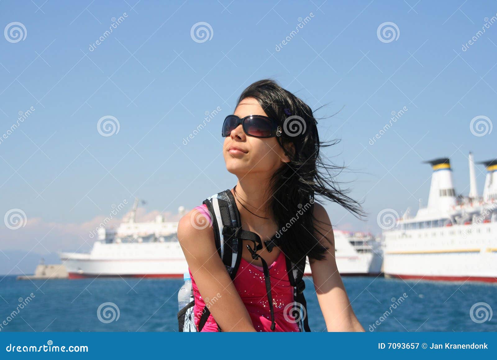 Girl with Cruise Ships stock image. Image of boat, greece - 7093657