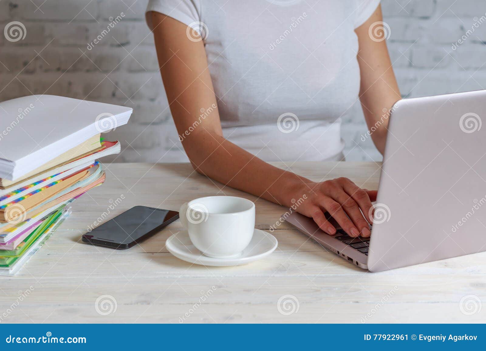 Girl with Cup of Coffee Work at Home on Computer Stock Image - Image of ...