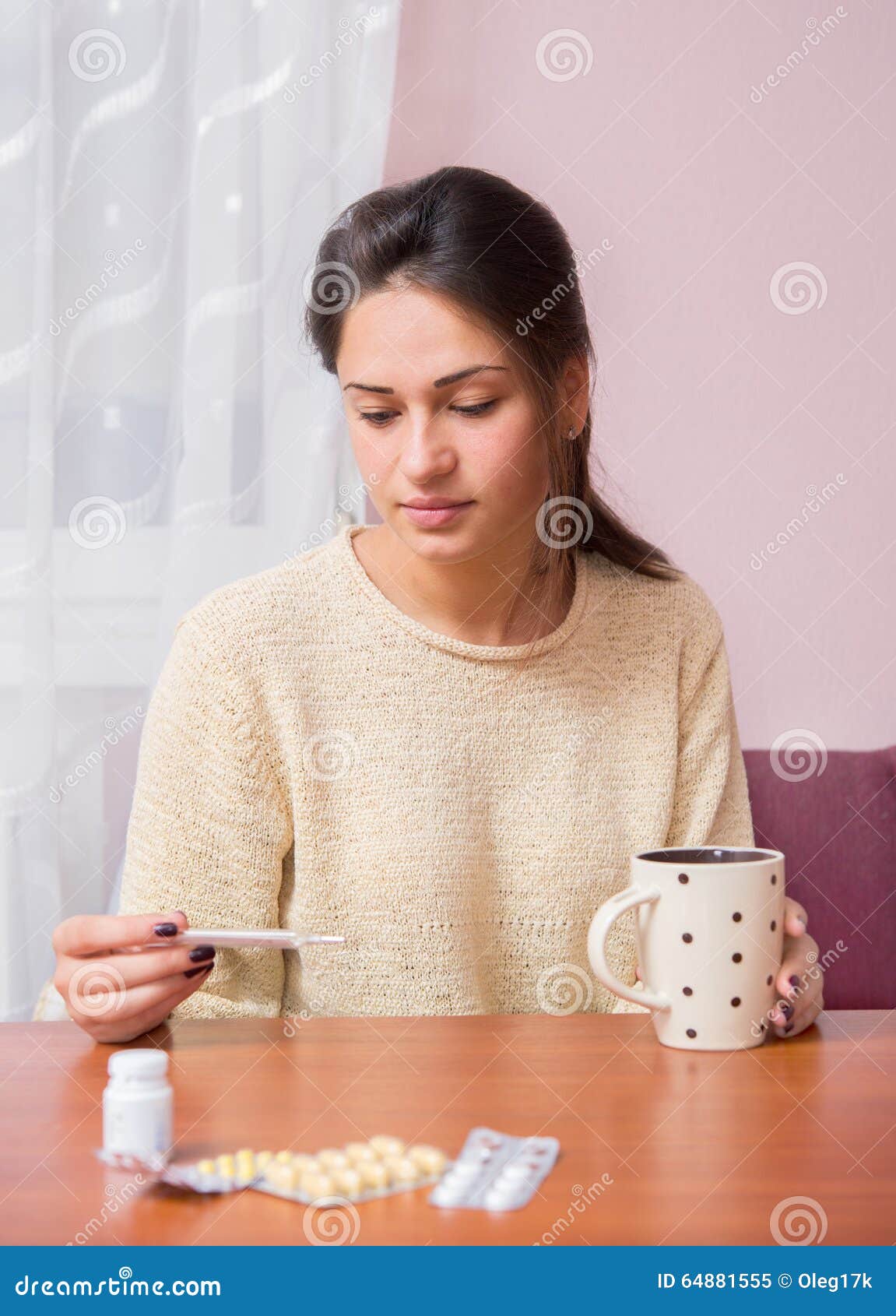 Girl with a Cup of Tea Checks Temperature Stock Image - Image of female ...