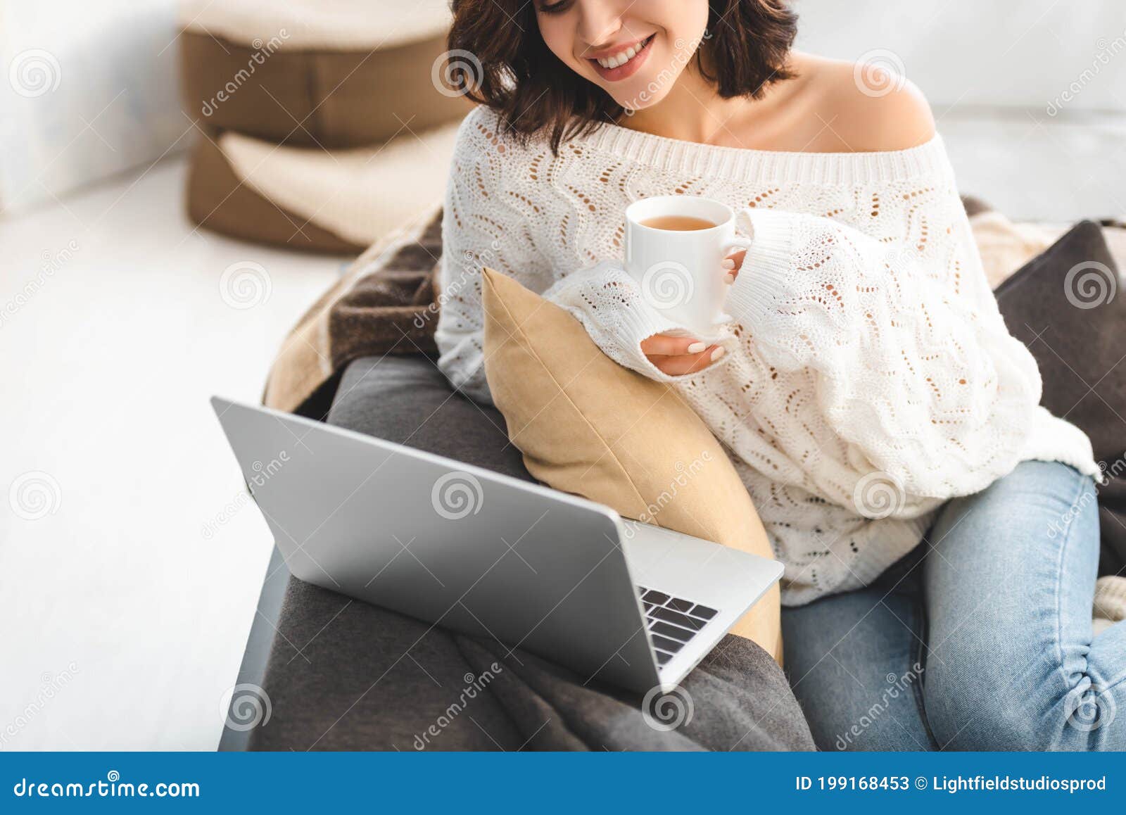 Girl with Cup of Tea Using Laptop at Cozy Home Stock Image - Image of ...
