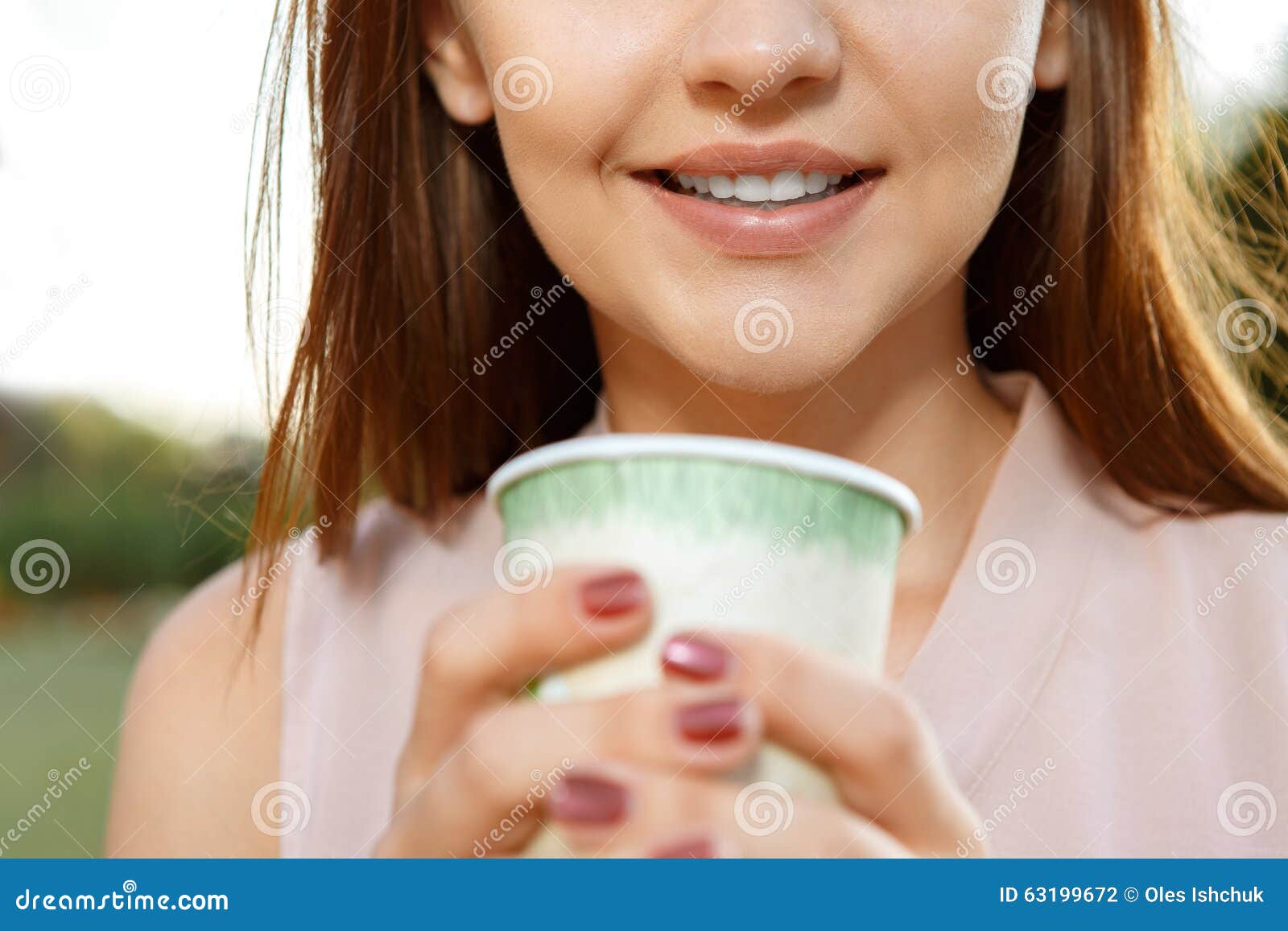 Girl with cup of tea stock photo. Image of outdoor, bench - 63199672
