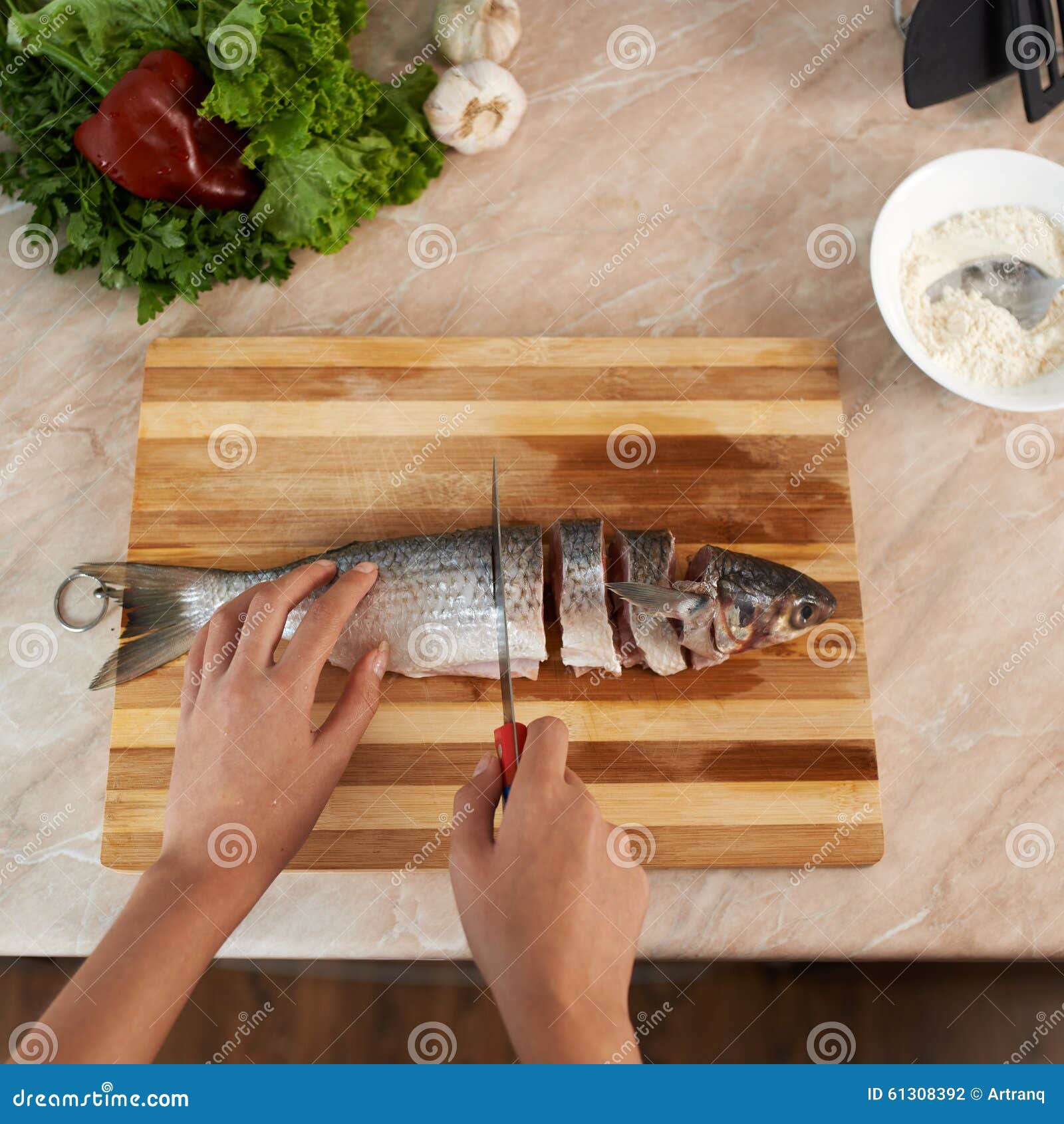 Girl Cut Slice of Fish To Cook Dinner Stock Photo - Image of fresh ...