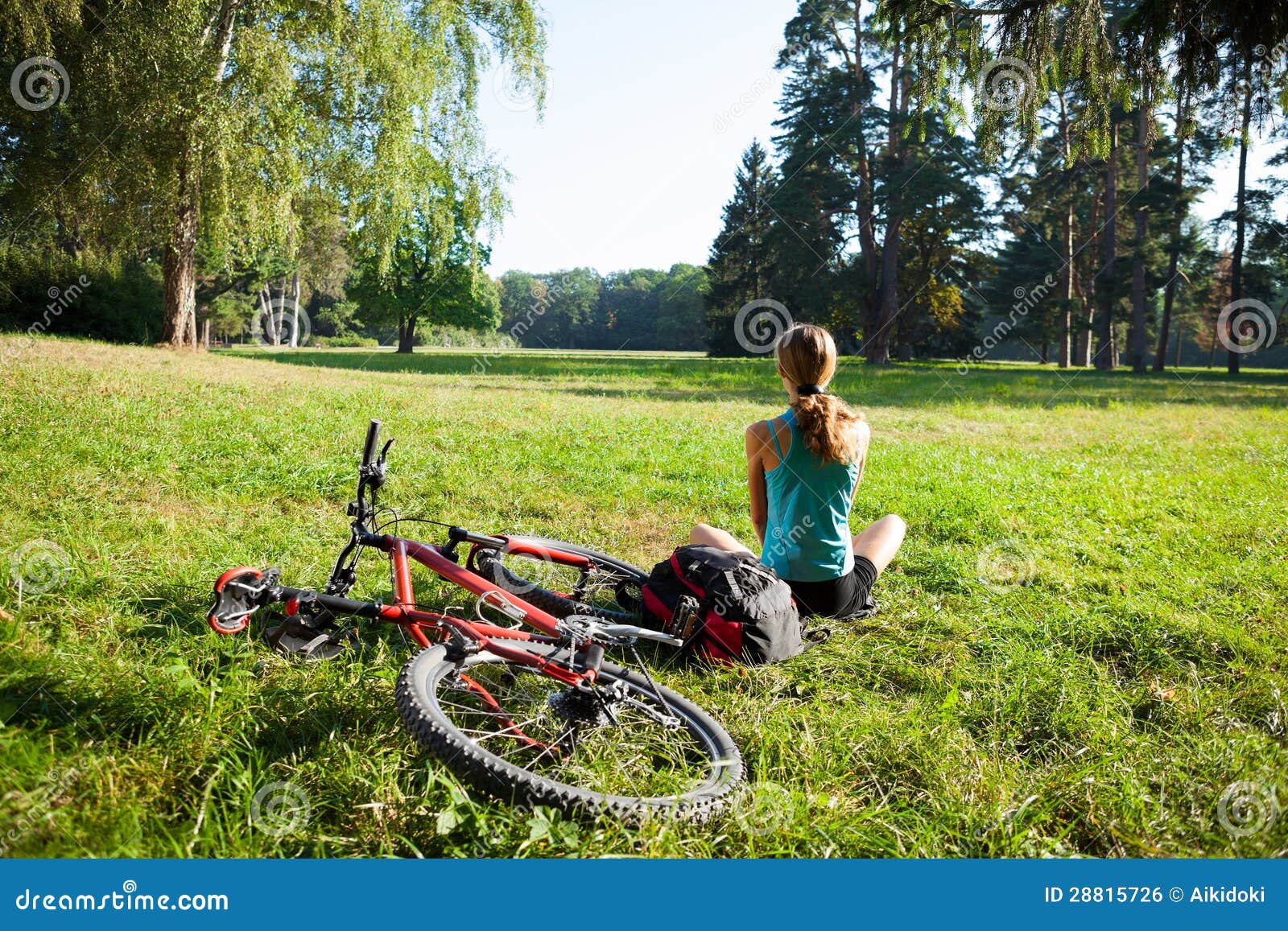Girl Cyclist Relax Front View Panorama of the Spring Park Stock Photo ...