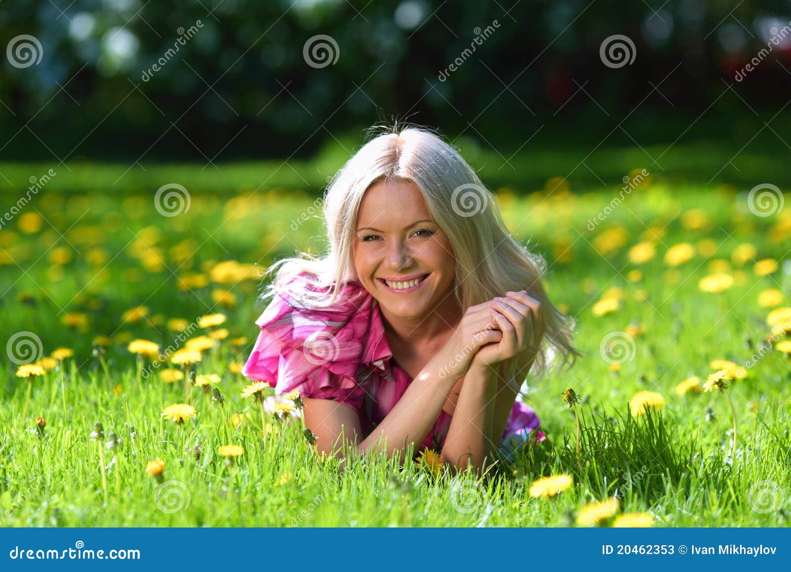 Girl on dandelion field stock image. Image of green, freedom - 20462353