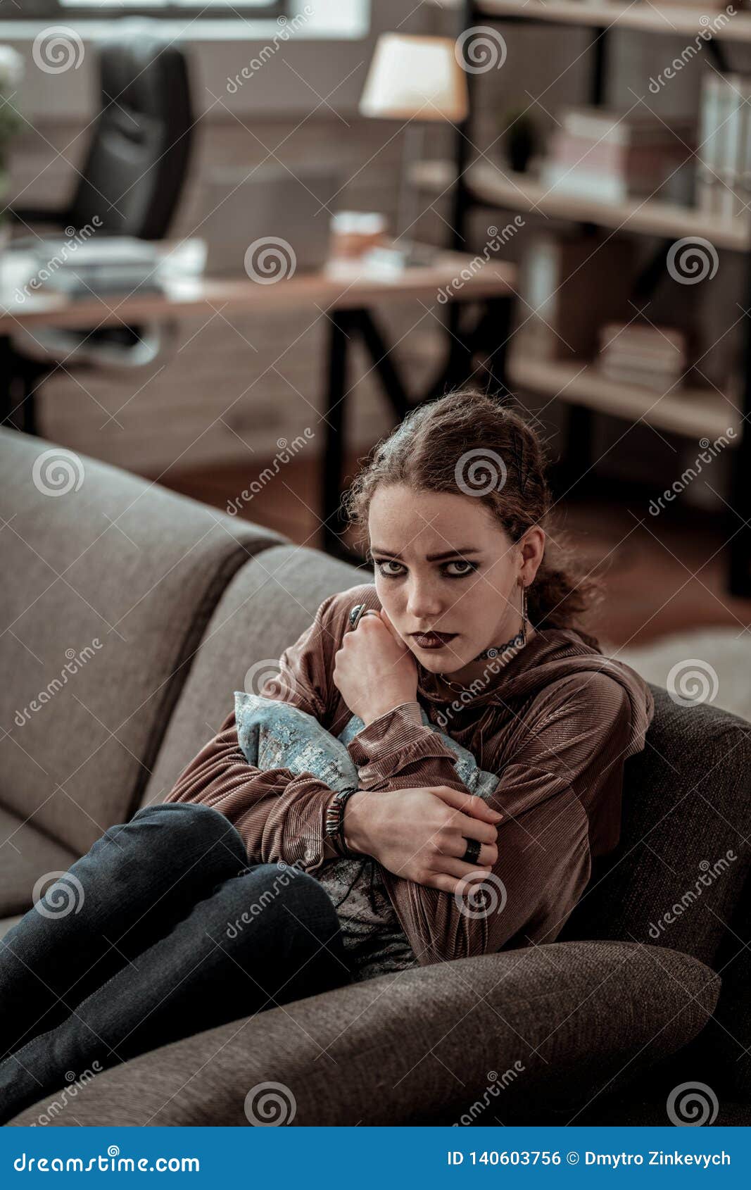 Girl with Dark Makeup Feeling Scared Having Problems at Home Stock ...