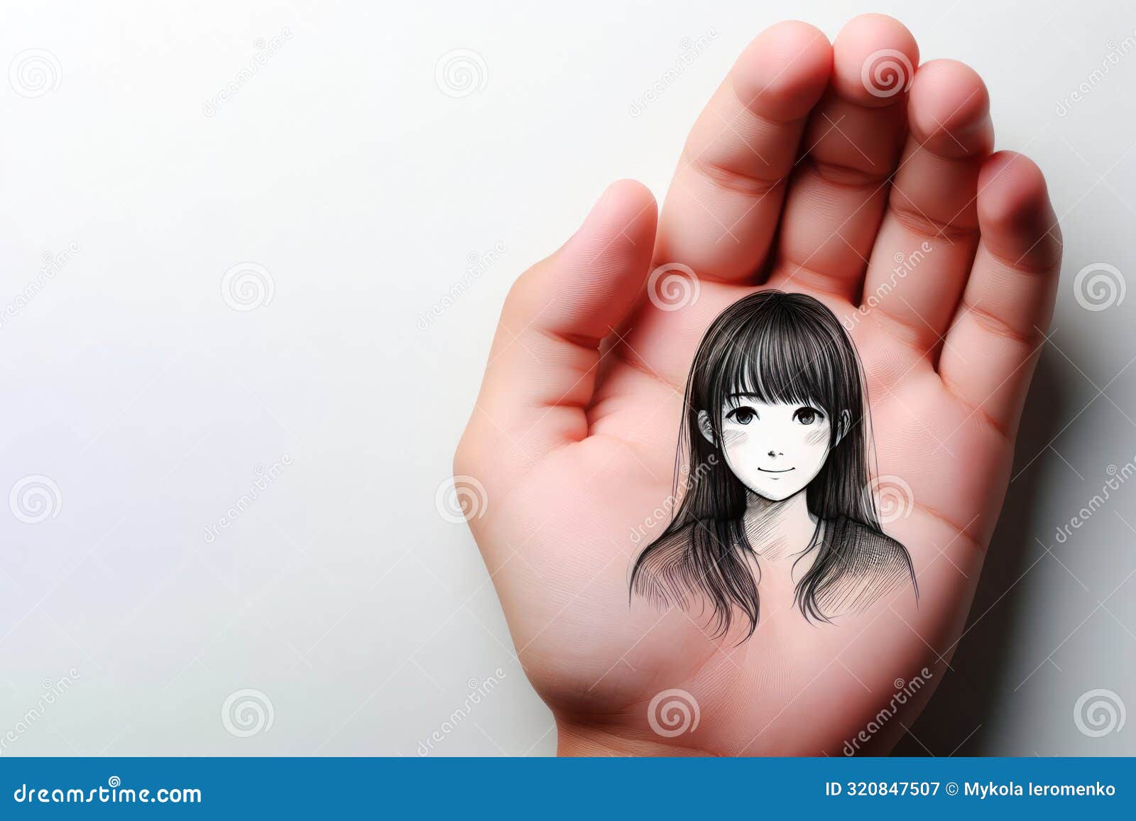 A Girl Depicted on a Human Palm. Space for Text. Stock Illustration ...