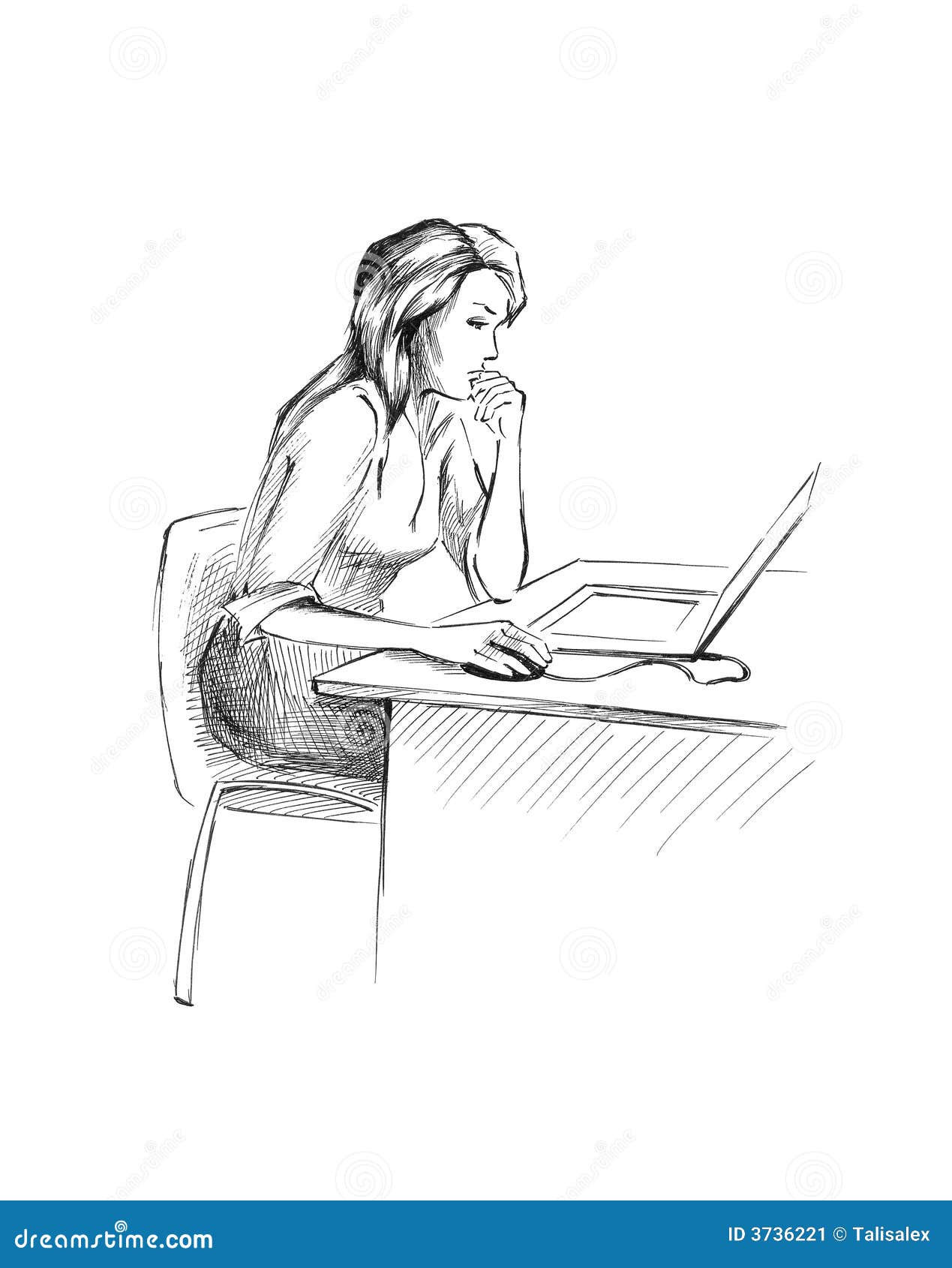 The Girl At The Desk Looks At The Laptop Screen. The Concept Of Online ...