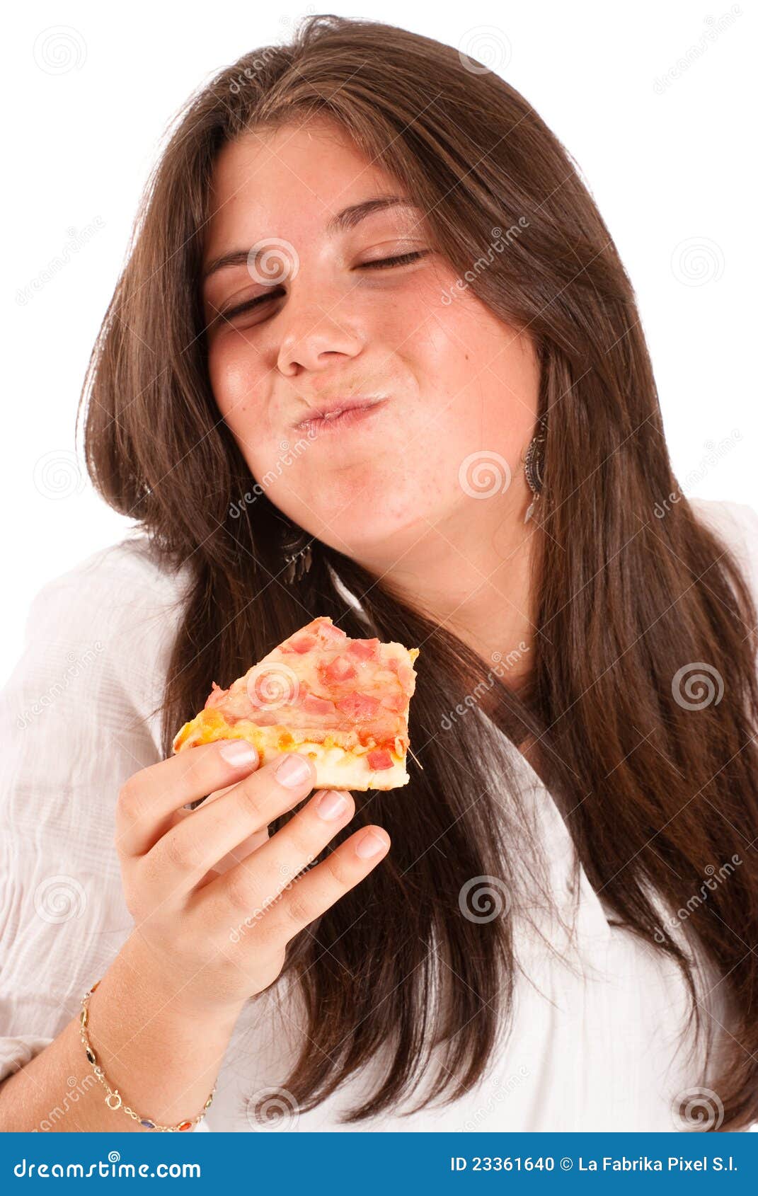 Girl devouring a pizza stock photo. Image of pizza, brunette - 23361640