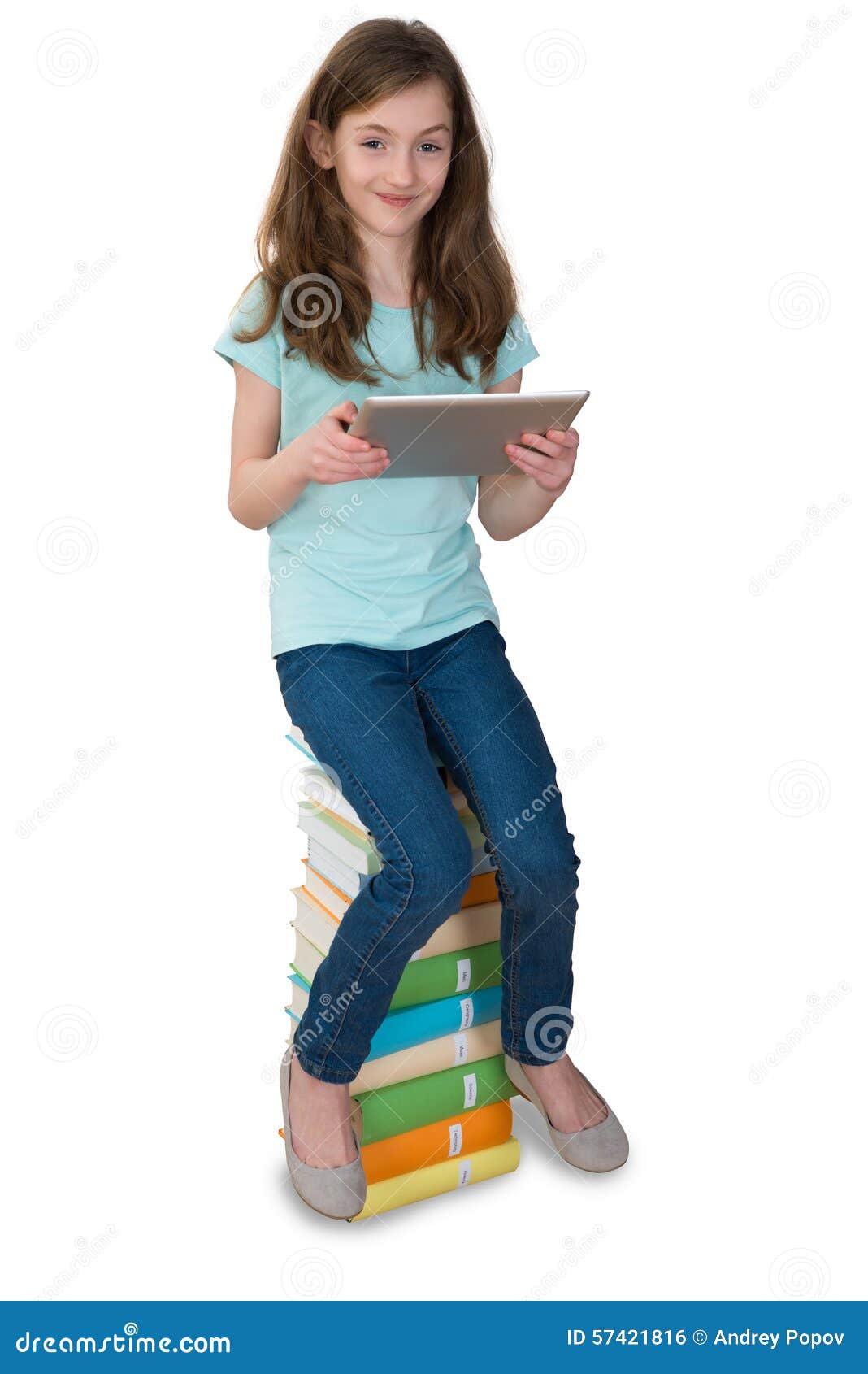 Girl with Digital Tablet Sitting on Books Stock Photo - Image of ...