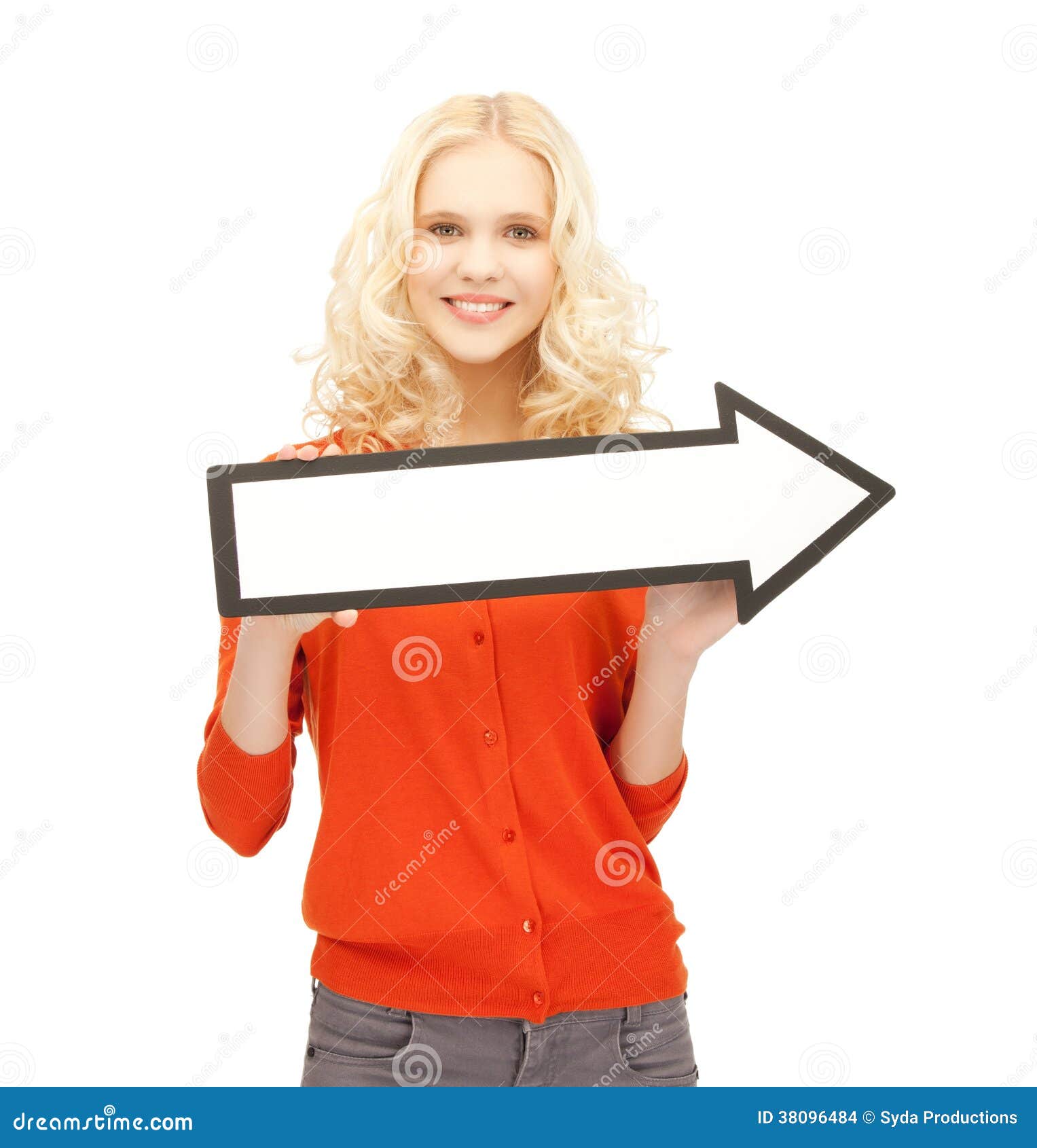 Girl with Direction Arrow Sign Stock Photo - Image of direction, choice ...
