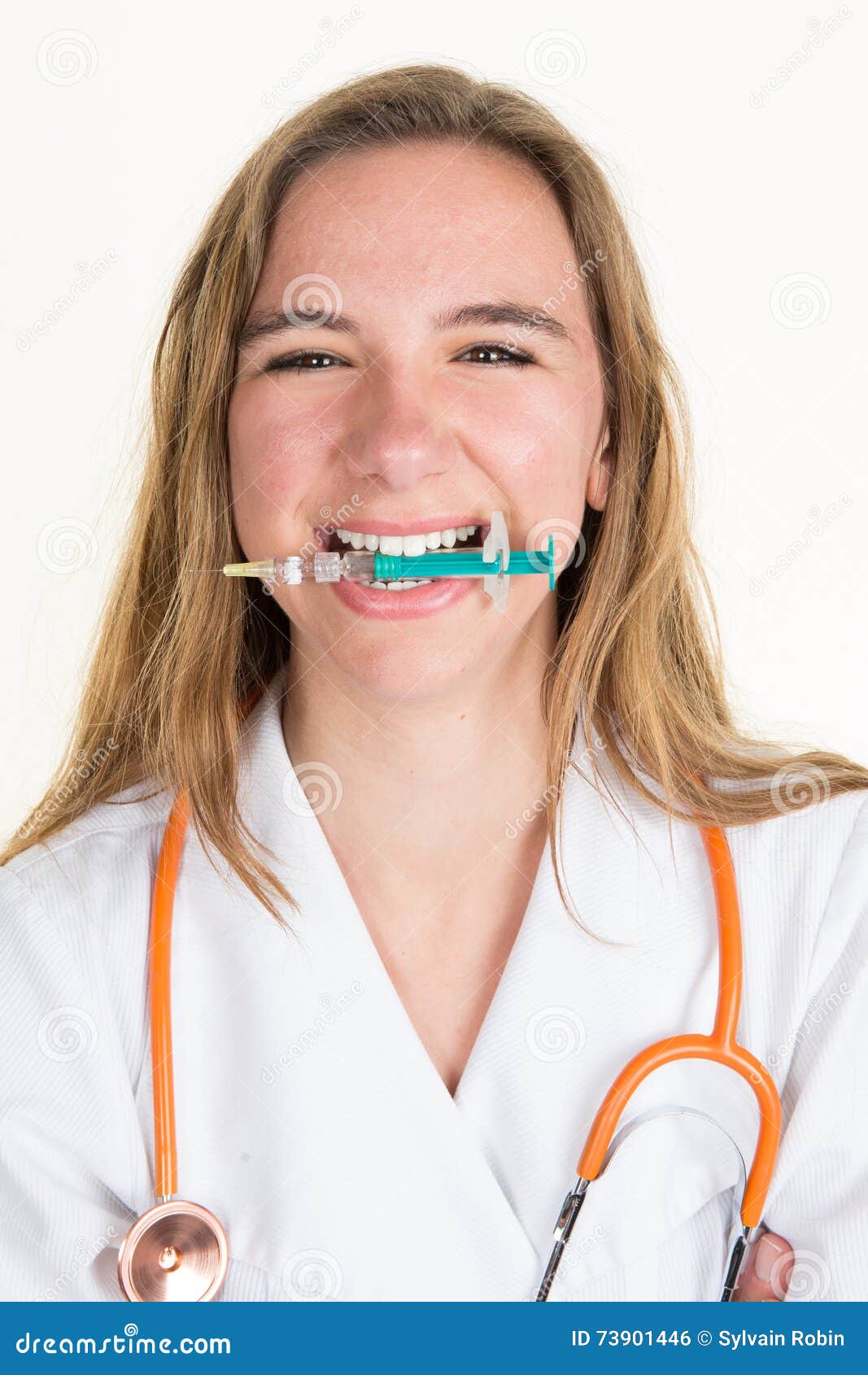 Girl Doctor Biting a Syringe with a Needle Isolated Stock Photo - Image ...