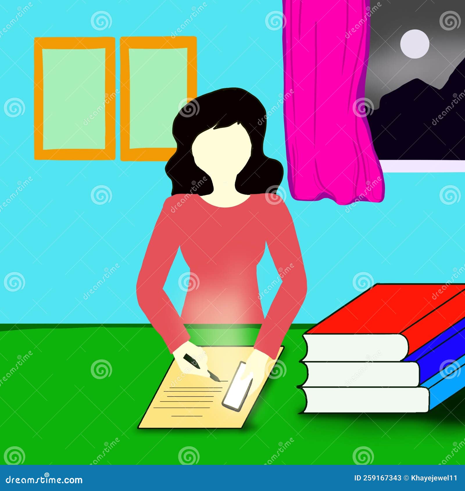 Girl Doing Assignment at Home Stock Illustration - Illustration of ...