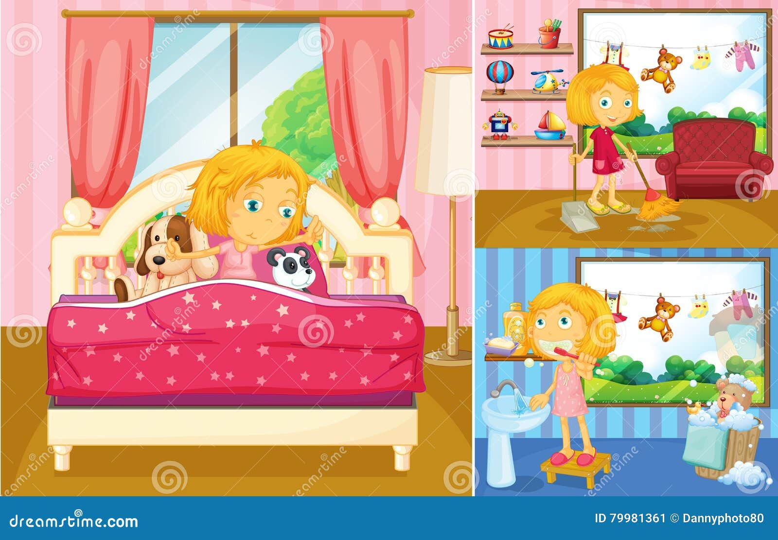 Girl Doing Different Activities at Home Stock Vector - Illustration of ...
