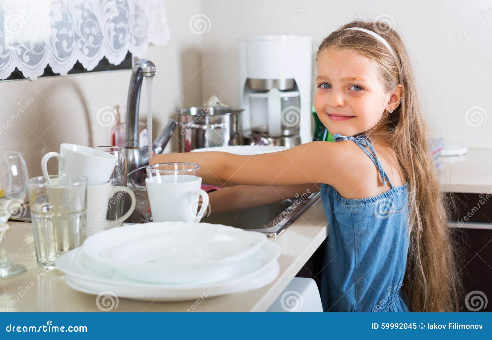 Girl Doing Dishes at Kitchen Stock Image - Image of clean, preschooler ...