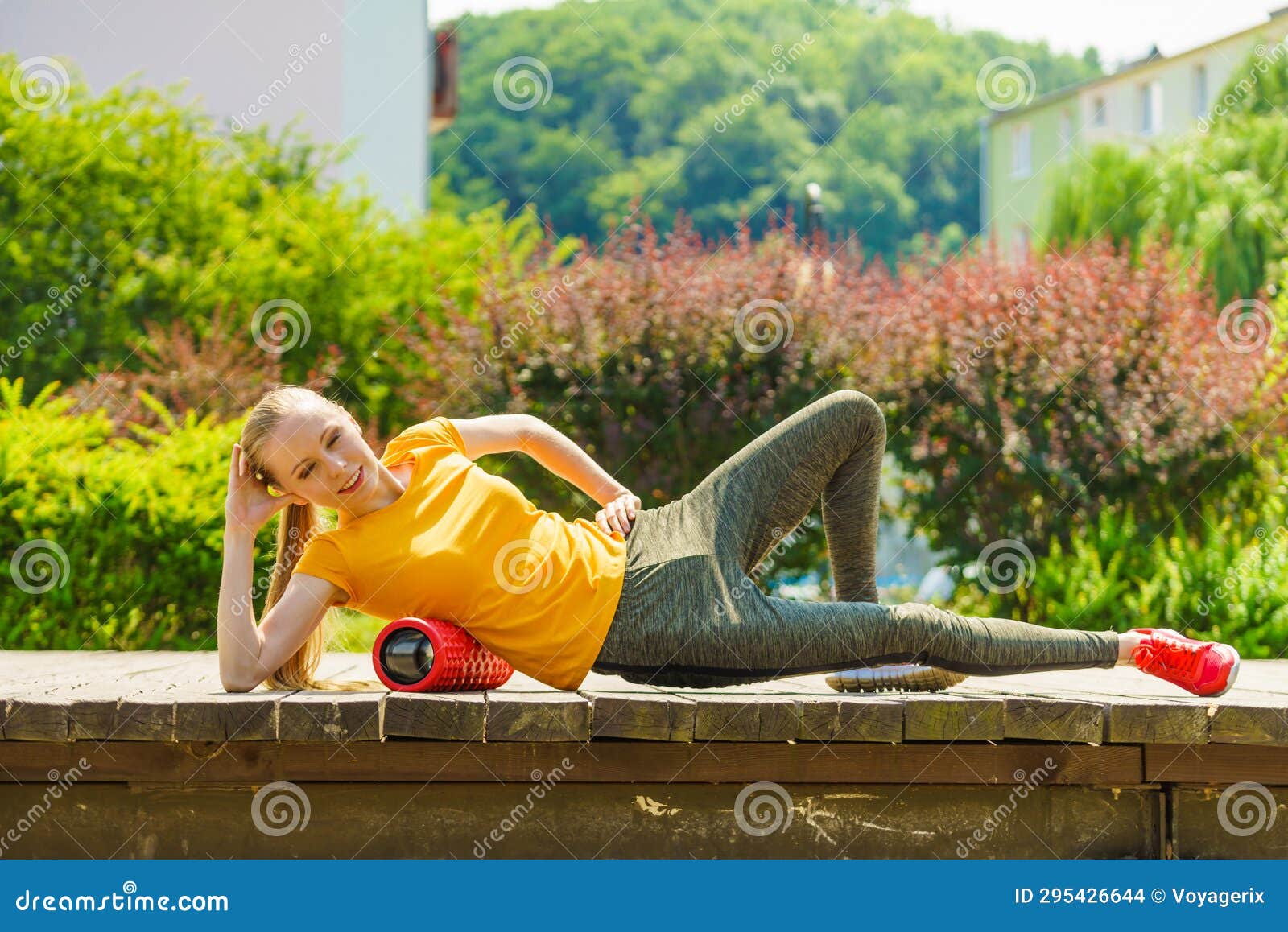 Girl Doing Exercises Outdoor, Using Roller Stock Photo - Image of ...