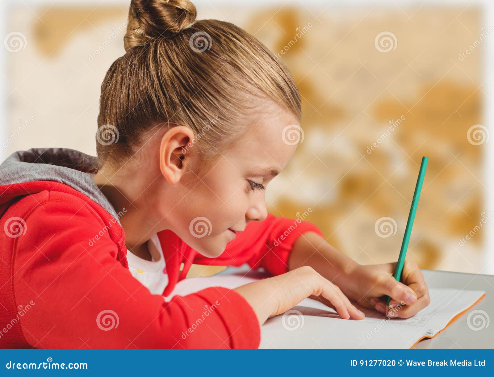 Girl Doing Homework Against Blurry Brown Map Stock Photo - Image of ...