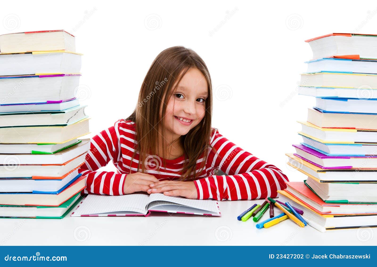 Girl Doing Homework Isolated on White Background Stock Photo - Image of ...