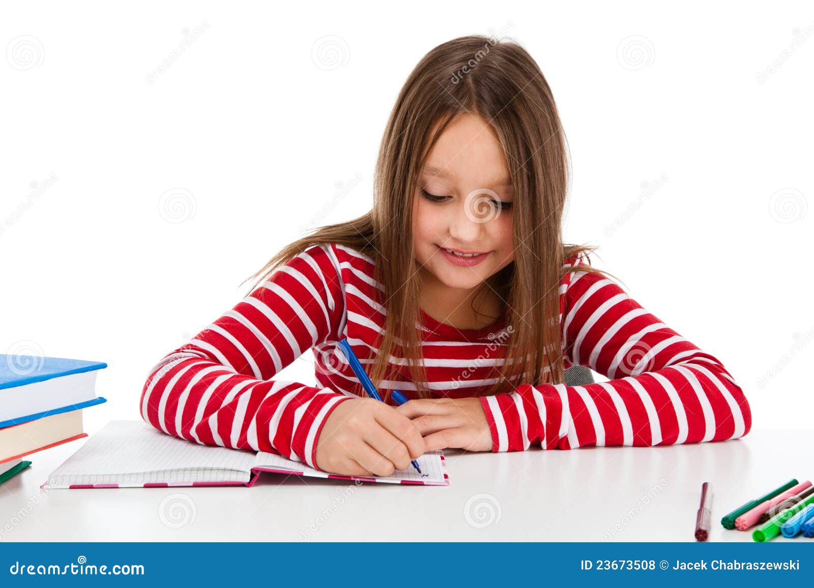 Girl Doing Homework Isolated on White Background Stock Photo - Image of ...