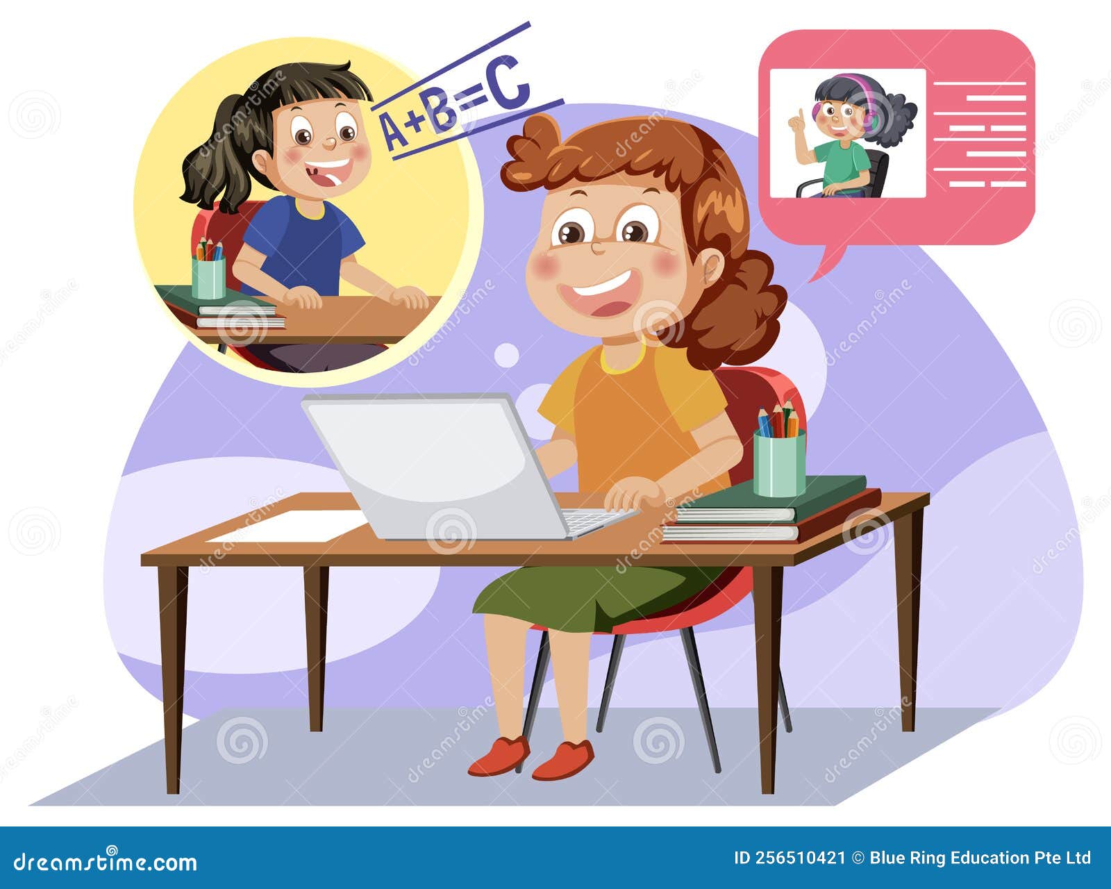 A Girl Doing Homework on Laptop Stock Vector - Illustration of cartoon ...