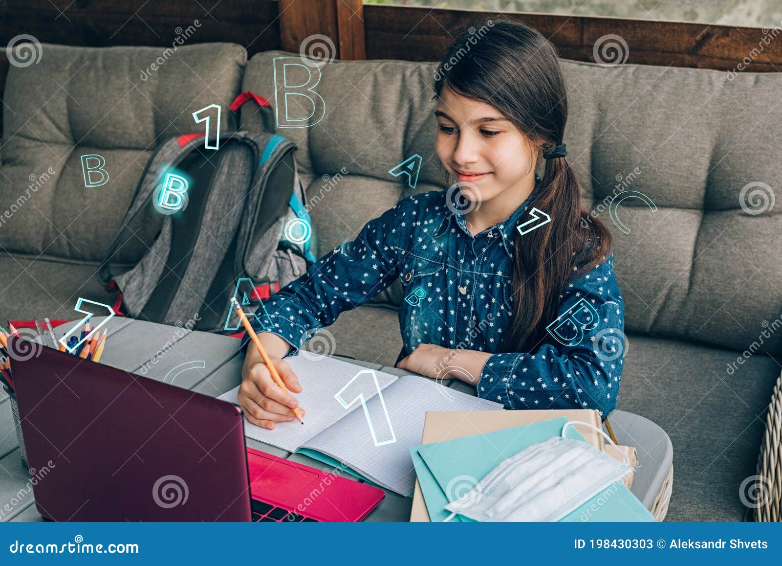 Girl Doing Homework Looking at the Computer Stock Image - Image of ...