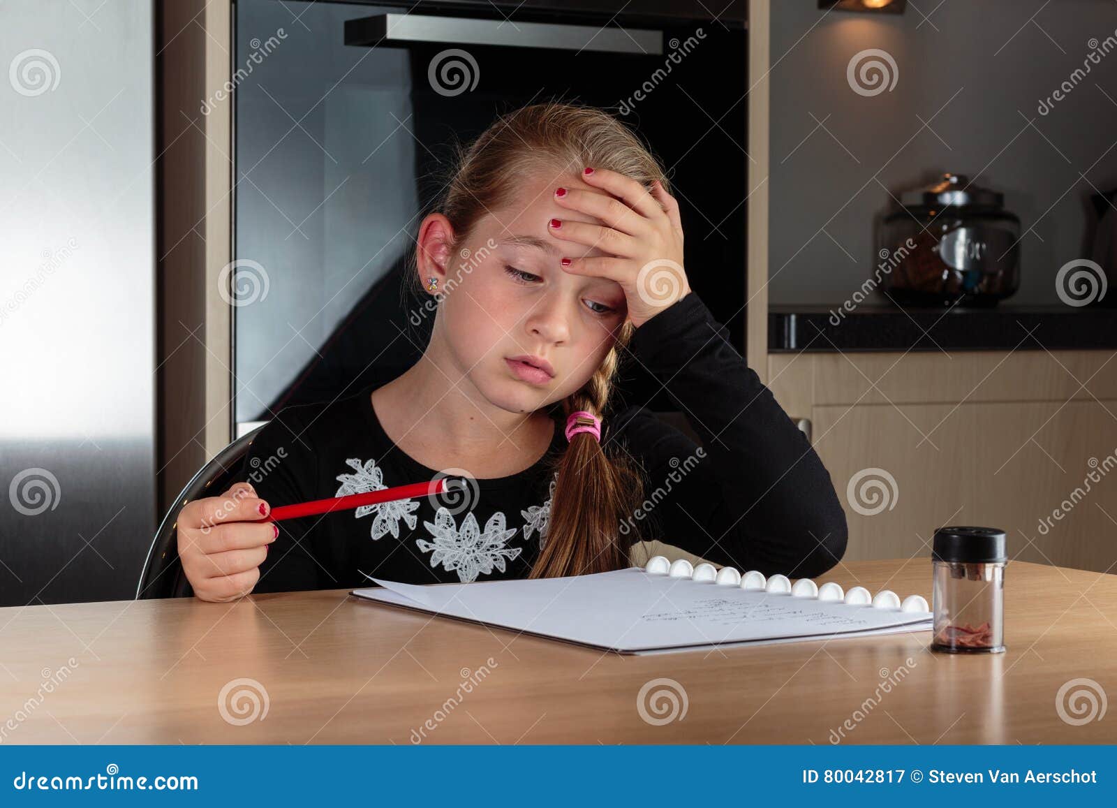 Girl Doing Homework Thinking Stock Image - Image of indoors, student ...
