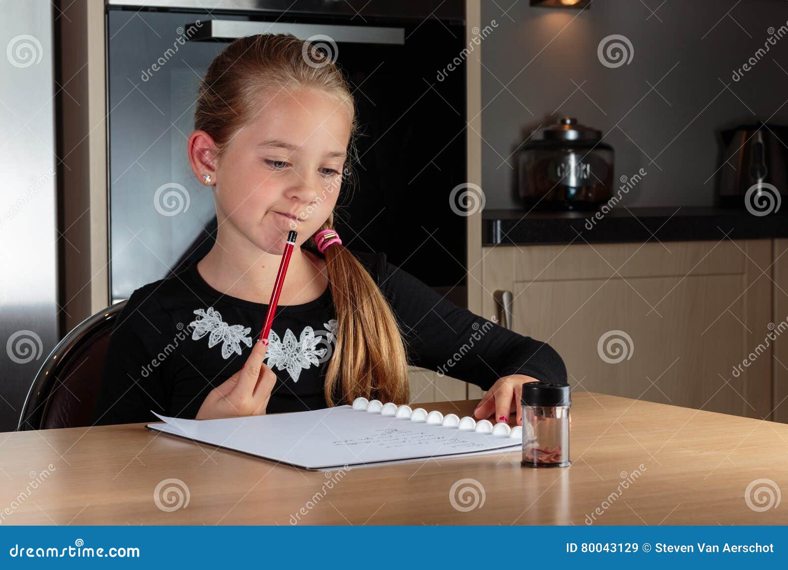 Girl Doing Homework Thinking Stock Image - Image of concentration ...