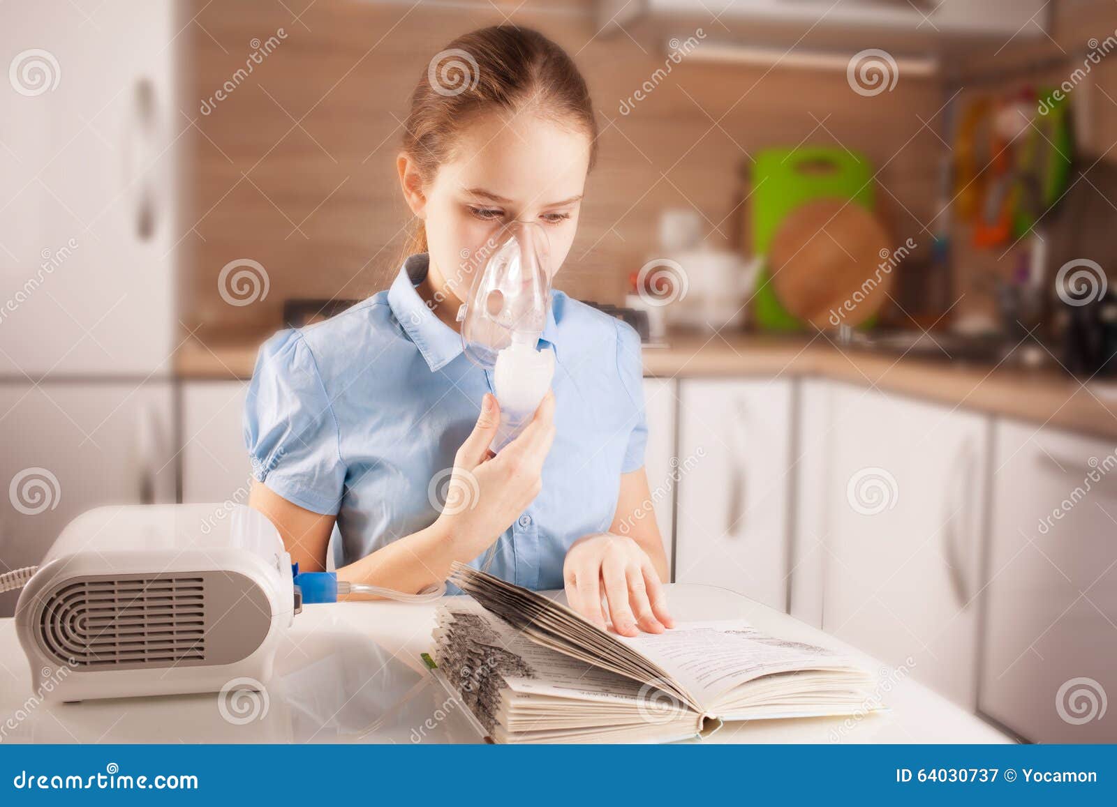 Girl Doing Inhalation and Reading Book Stock Image - Image of inhalant ...