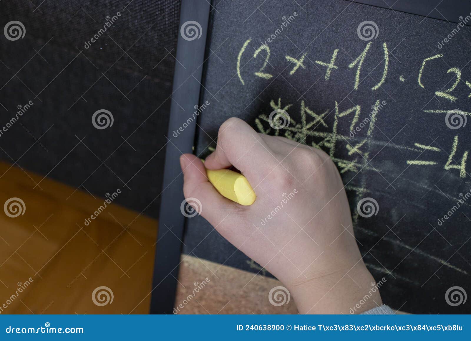Girl Doing Math with Chalk on Blackboard. Stock Photo - Image of ...