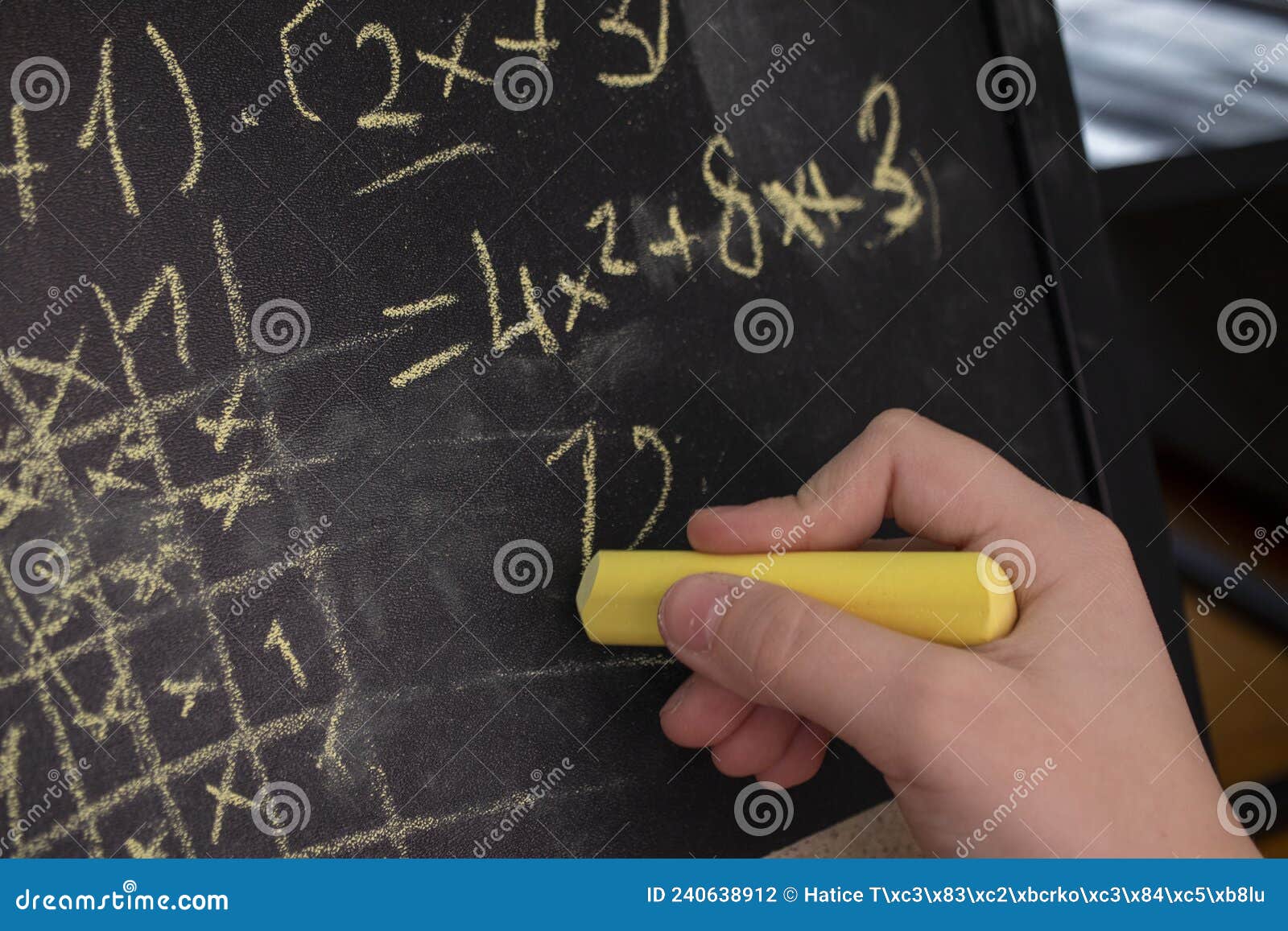 Girl Doing Math with Chalk on Blackboard. Stock Photo - Image of math ...