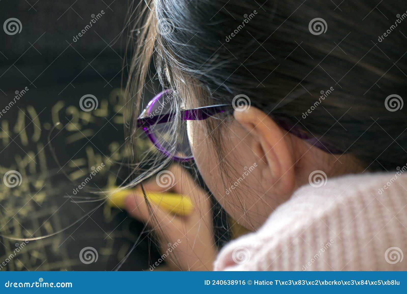 Girl Doing Math with Chalk on Blackboard. Stock Photo - Image of ...