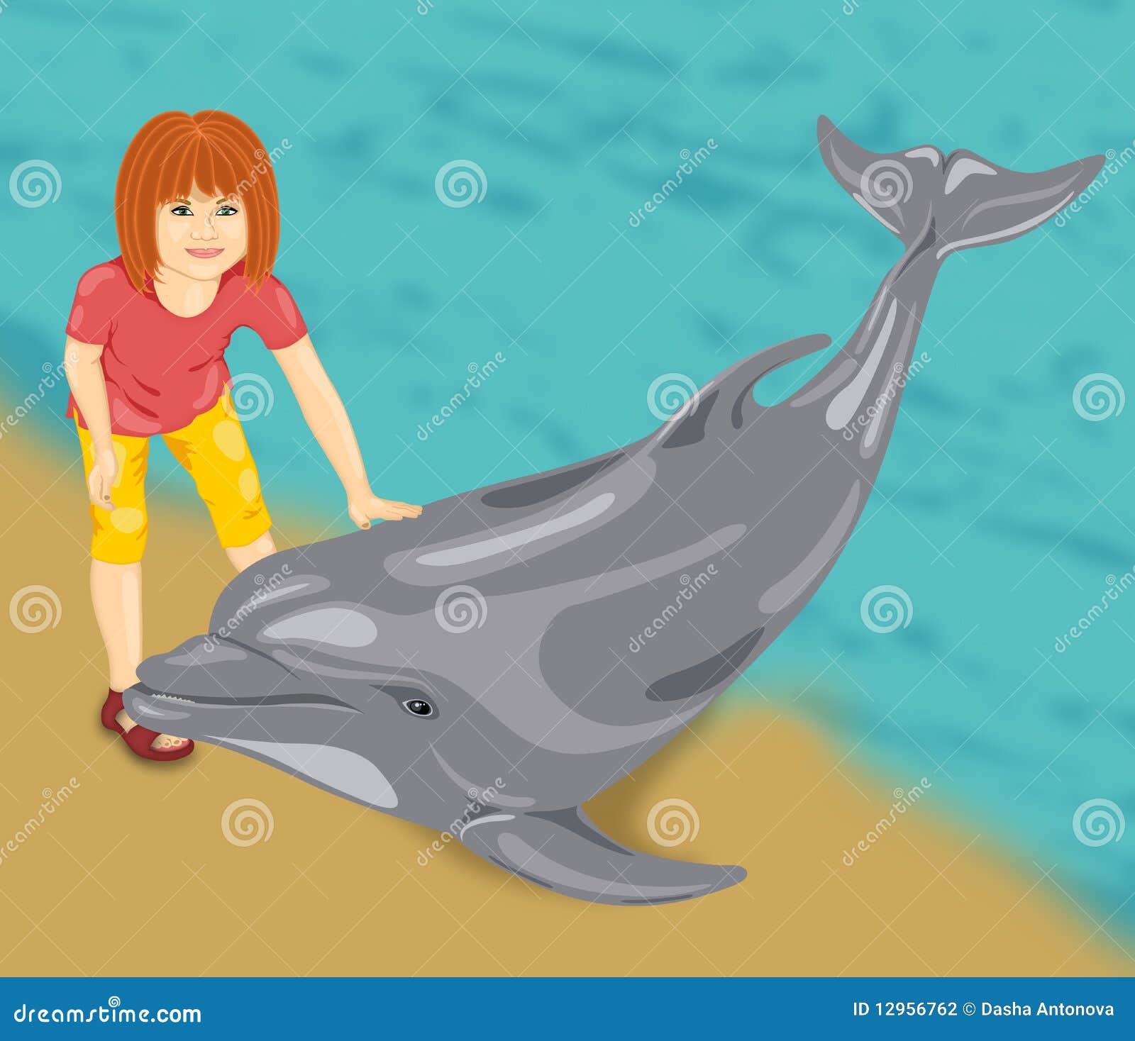 Girl with a dolphin stock illustration. Illustration of childhood ...