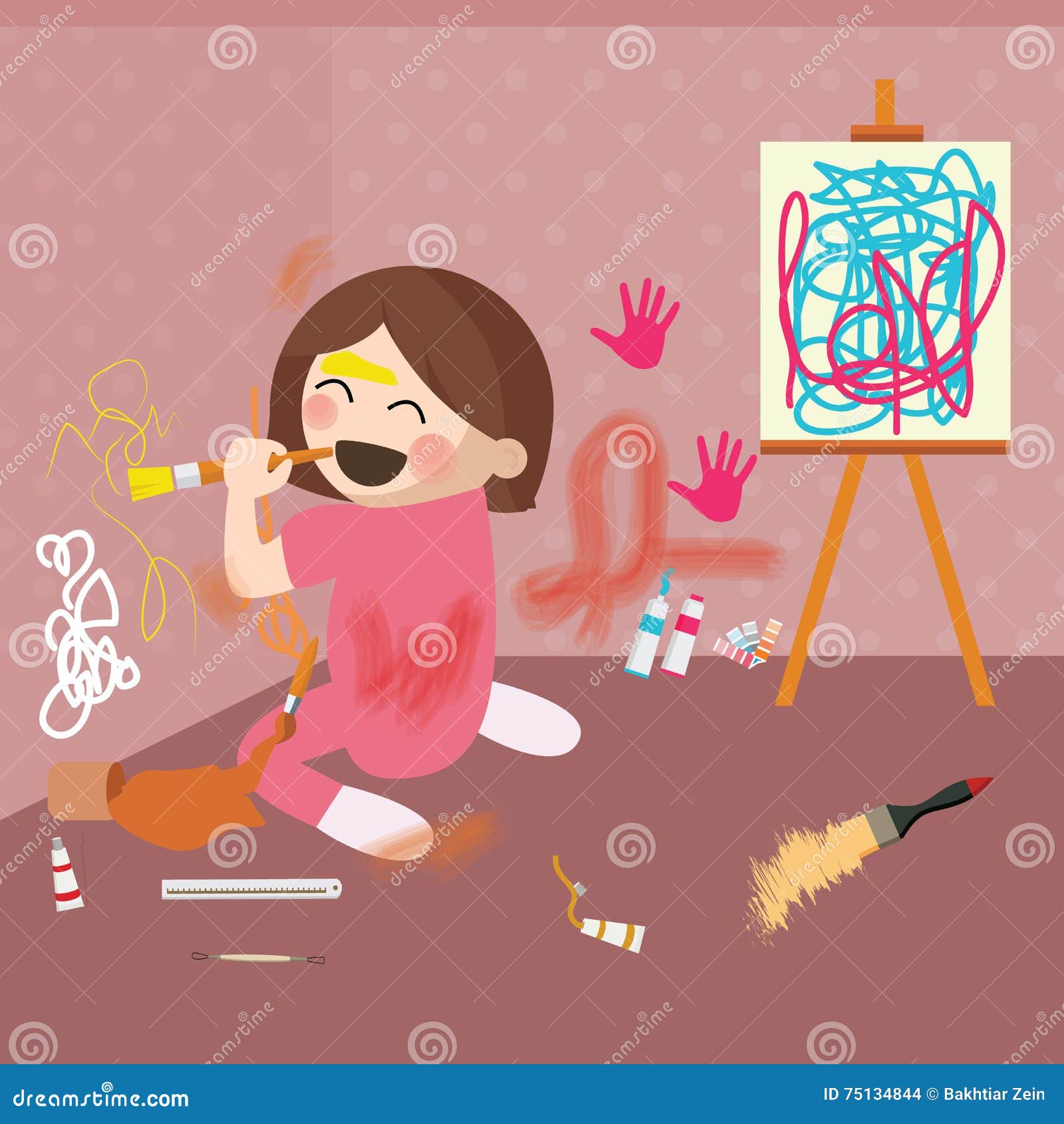 Girl Doodling Drawing on Wall, Messy House Stock Vector - Illustration ...