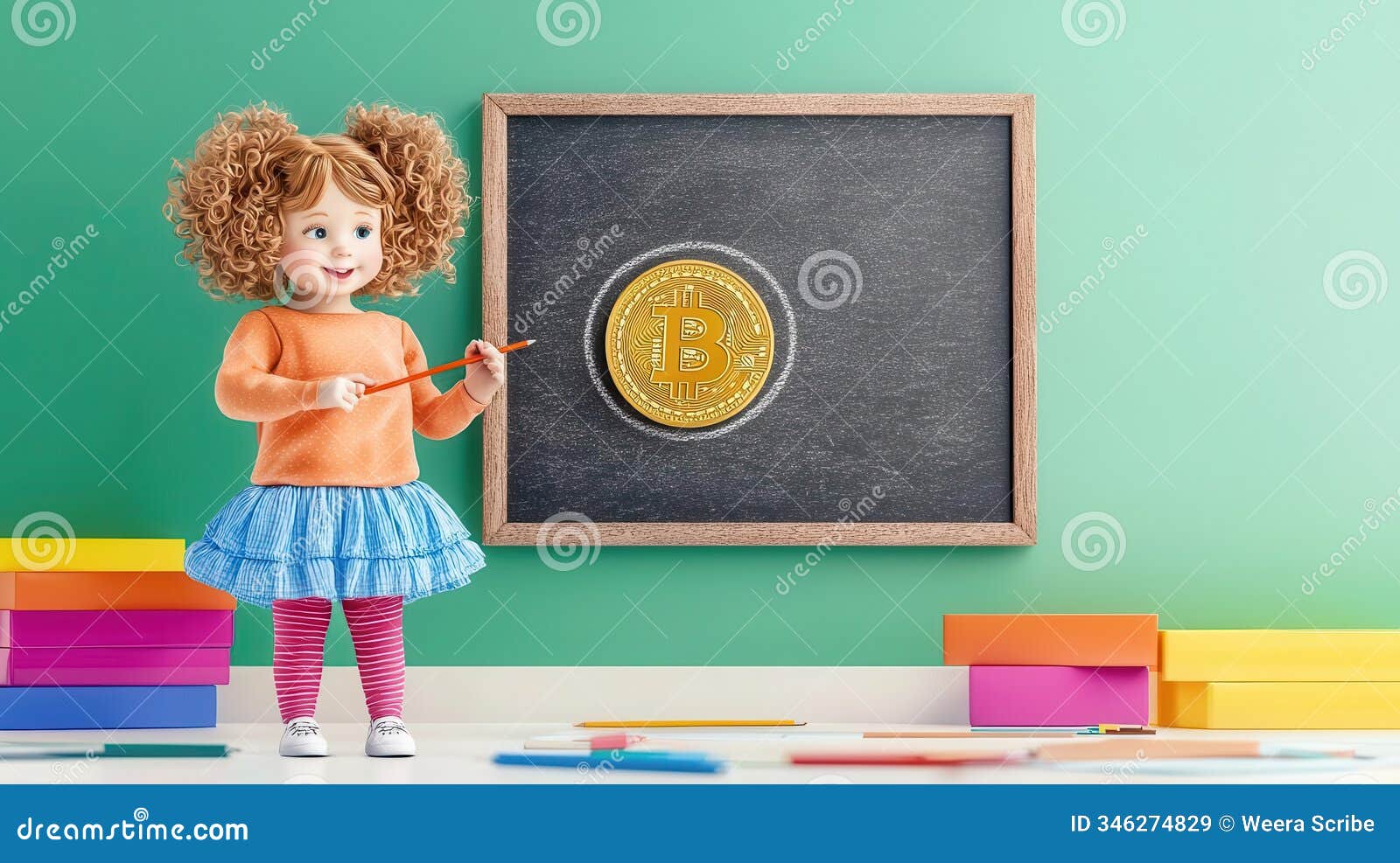 Girl Drawing a Bitcoin Symbol on a Chalkboard, Classroom Setting, 3D ...
