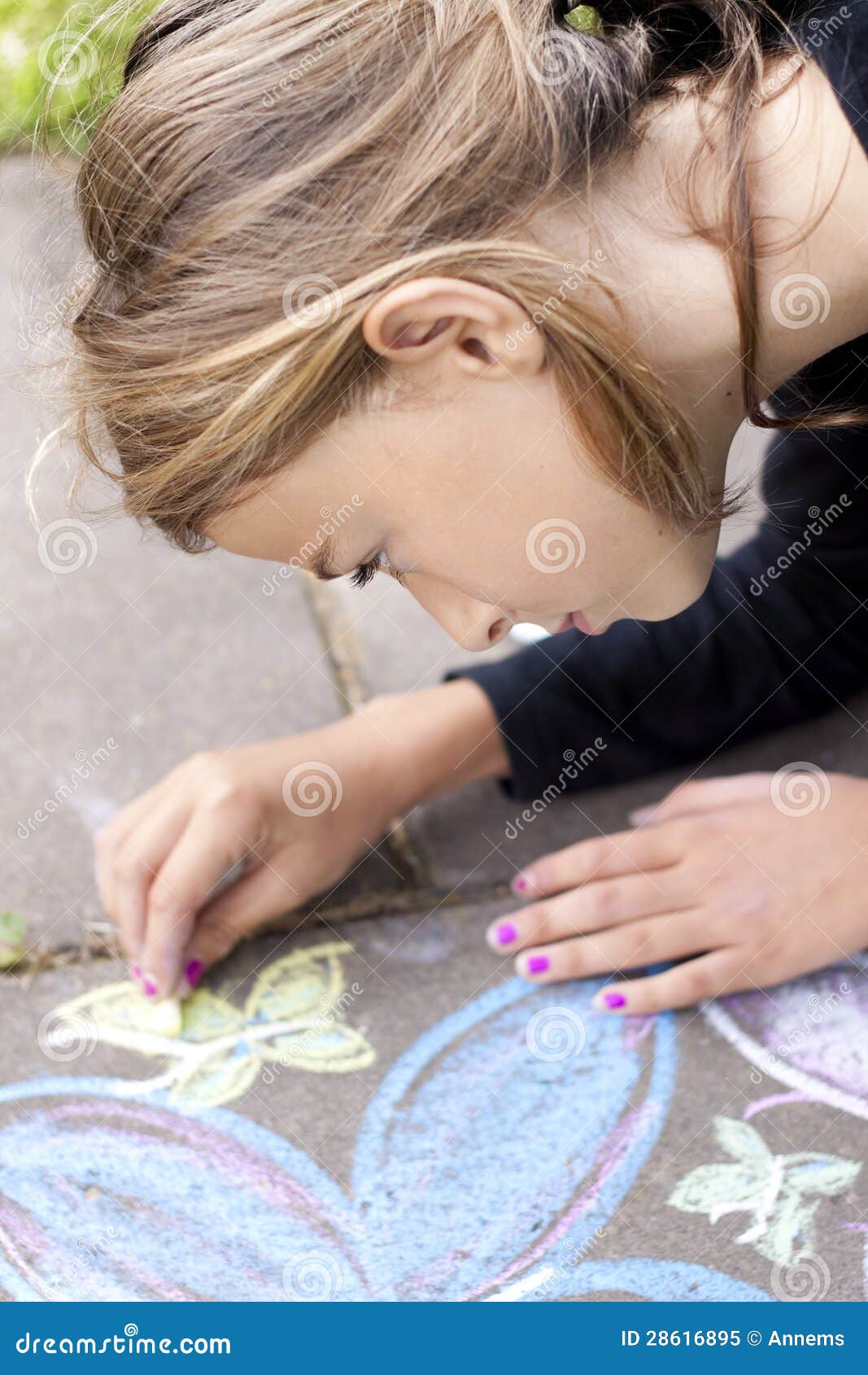 Girl Drawing with Chalk on Pavement Stock Image - Image of beautiful ...