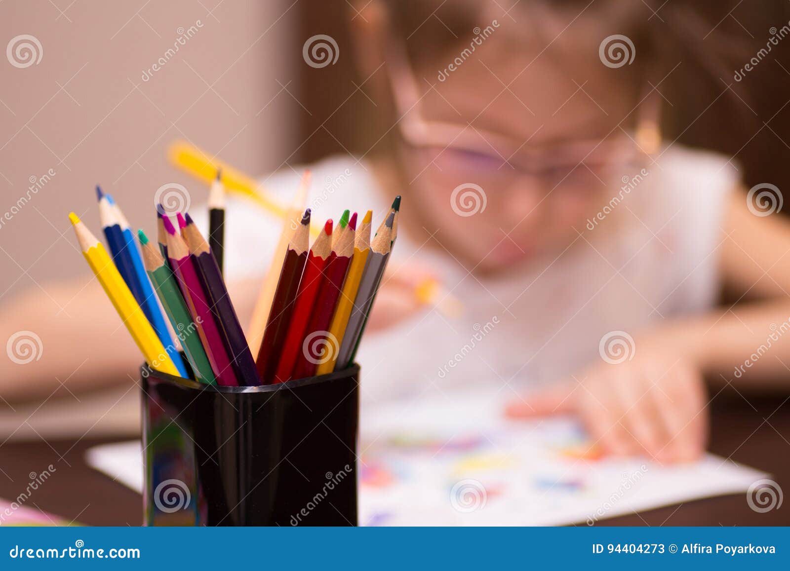 A Girl Draws with Colored Pencils Stock Image - Image of cheerful ...