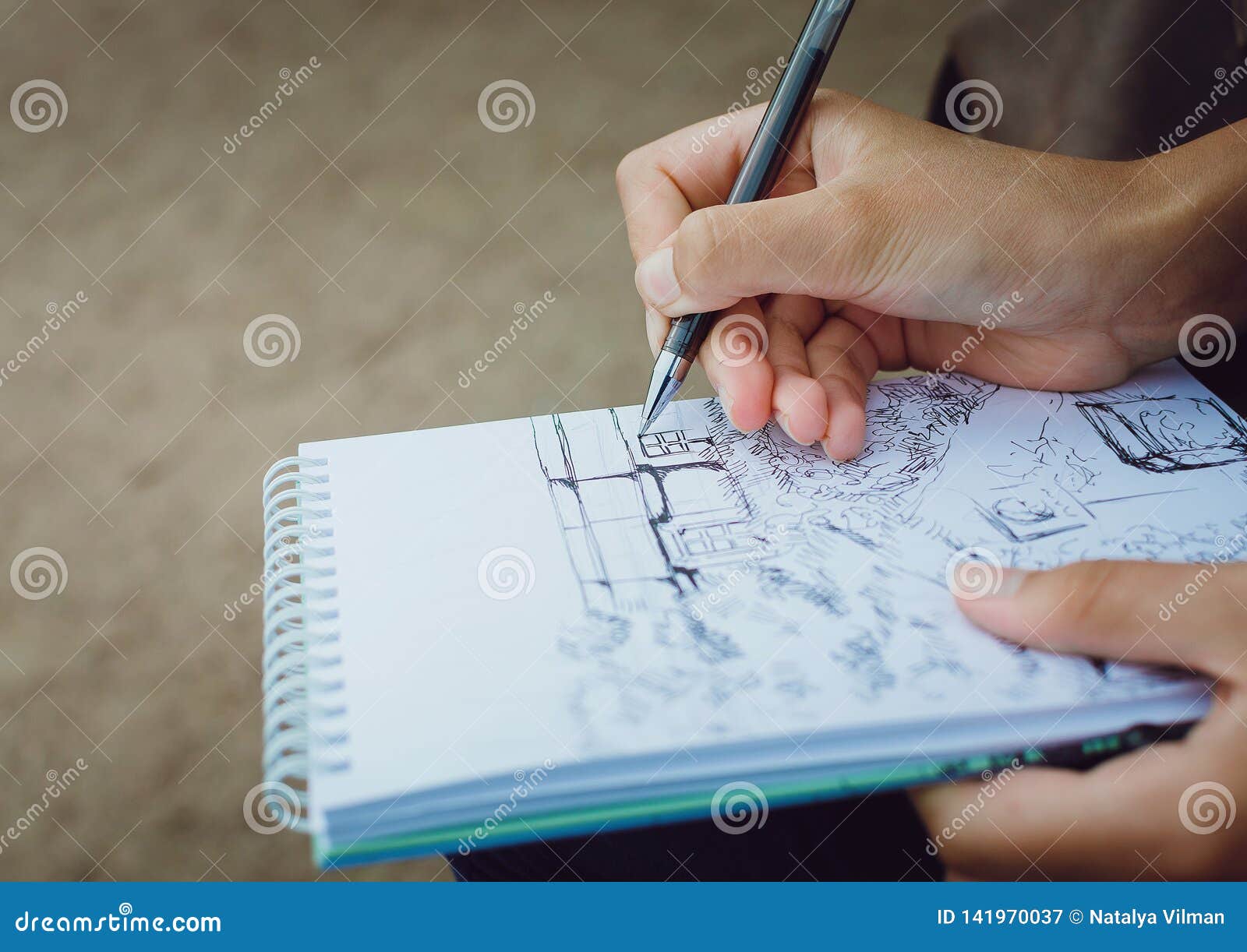 The Girl Draws in a Notebook. Hands Close-up Stock Illustration ...
