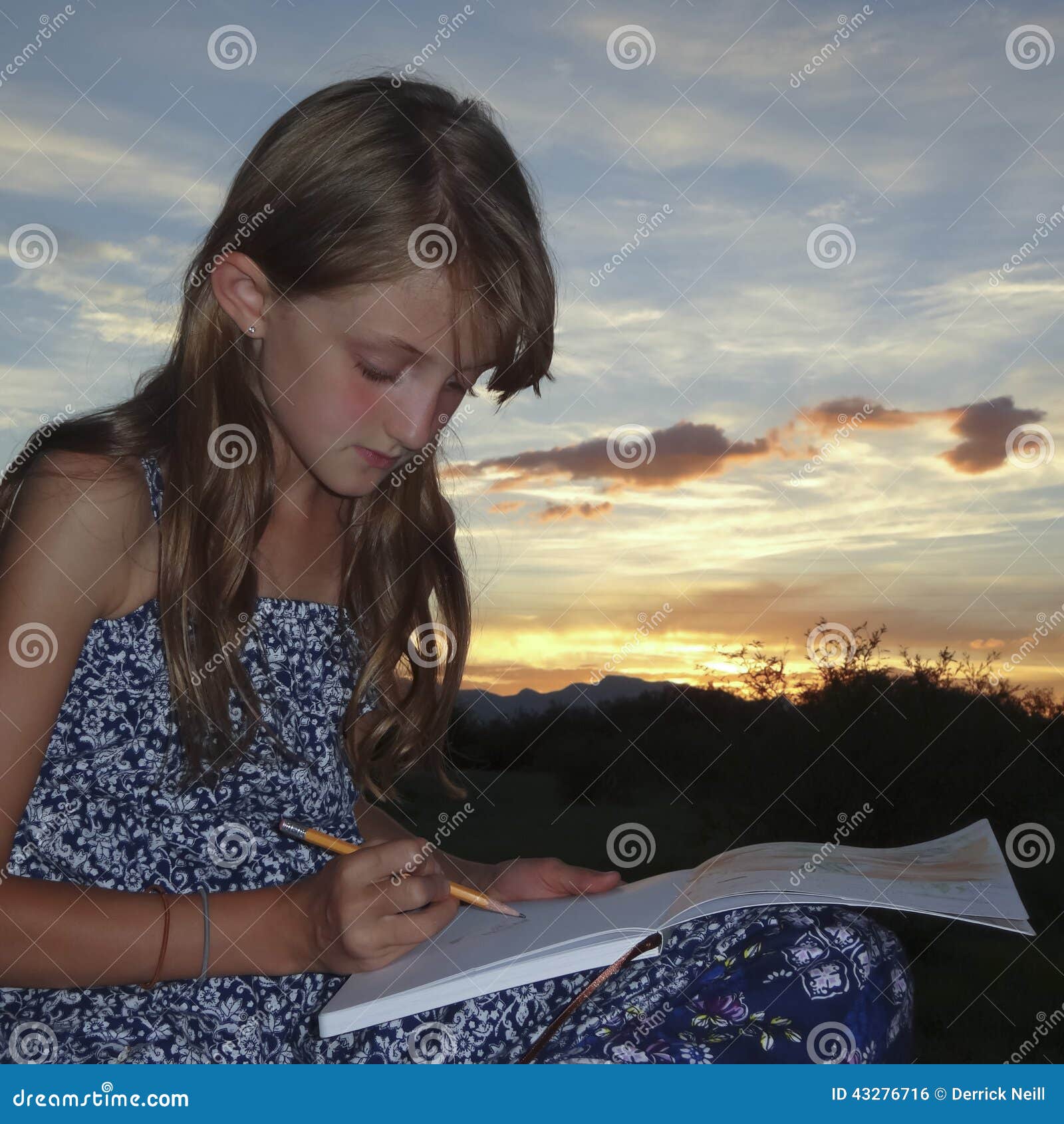 A Girl Draws in a Sketch Pad Stock Photo - Image of clouds, summer ...