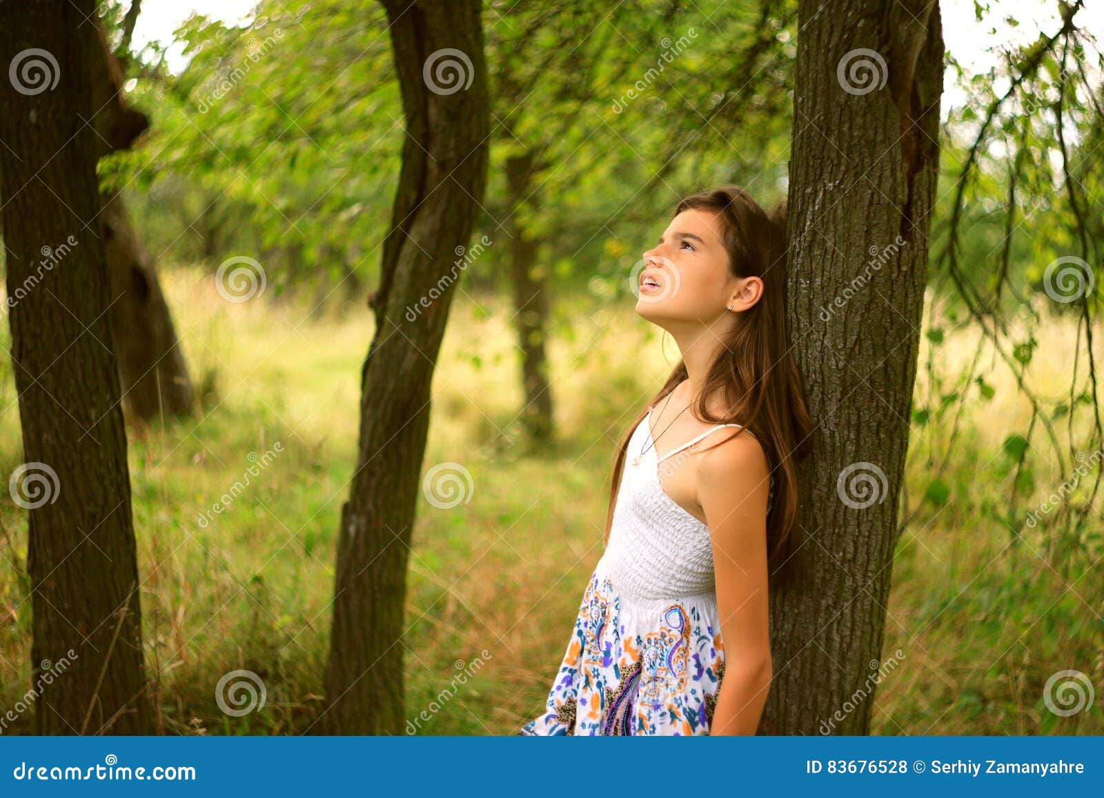 A Girl Dreaming Under Tree in Summertime Stock Photo - Image of females ...