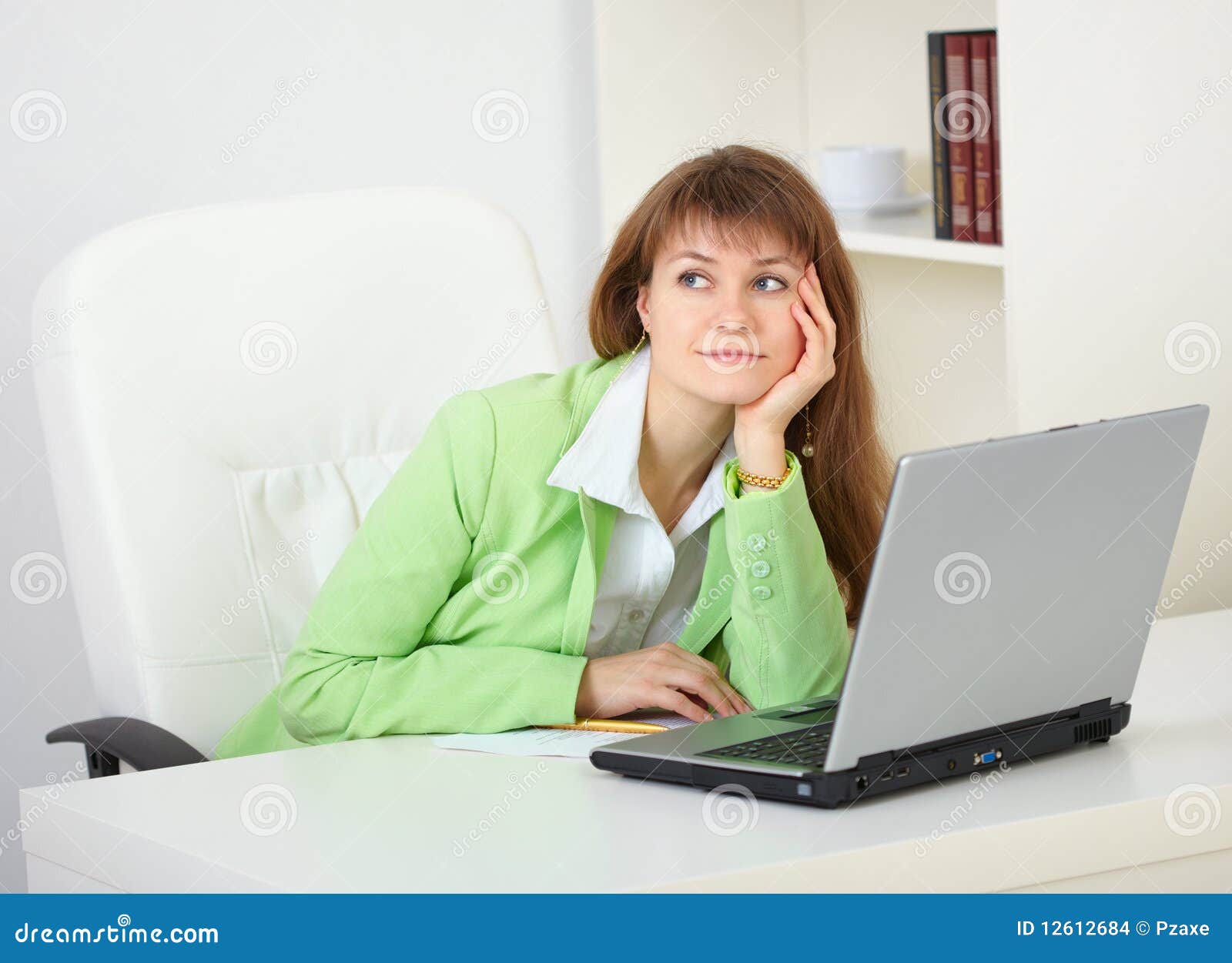 Girl Dreams Working with Laptop at Office Stock Photo - Image of collar ...