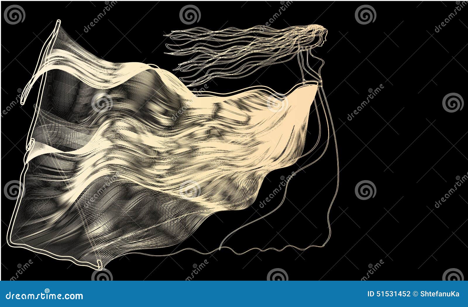 Girl in the Dress of Abstract Waves on a Black Stock Vector ...