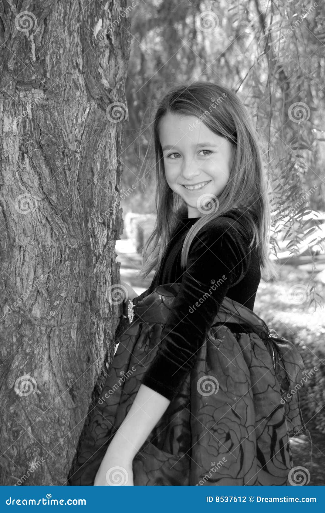 Girl In Dress Climbing Tree, B/W Stock Photography - Image: 8537612