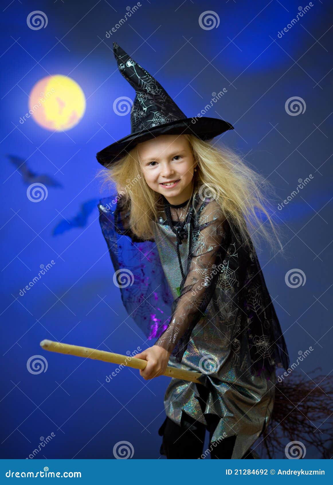 Girl Dressed Up As Witch in Night Flying Broom Stock Photo - Image of ...