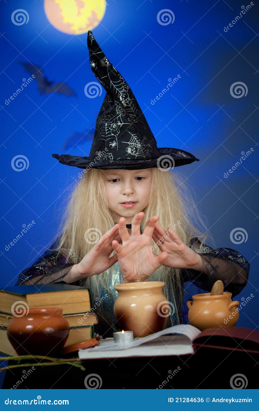 Girl Dressed Up As Witch in Night Making Magic Stock Photo - Image of ...