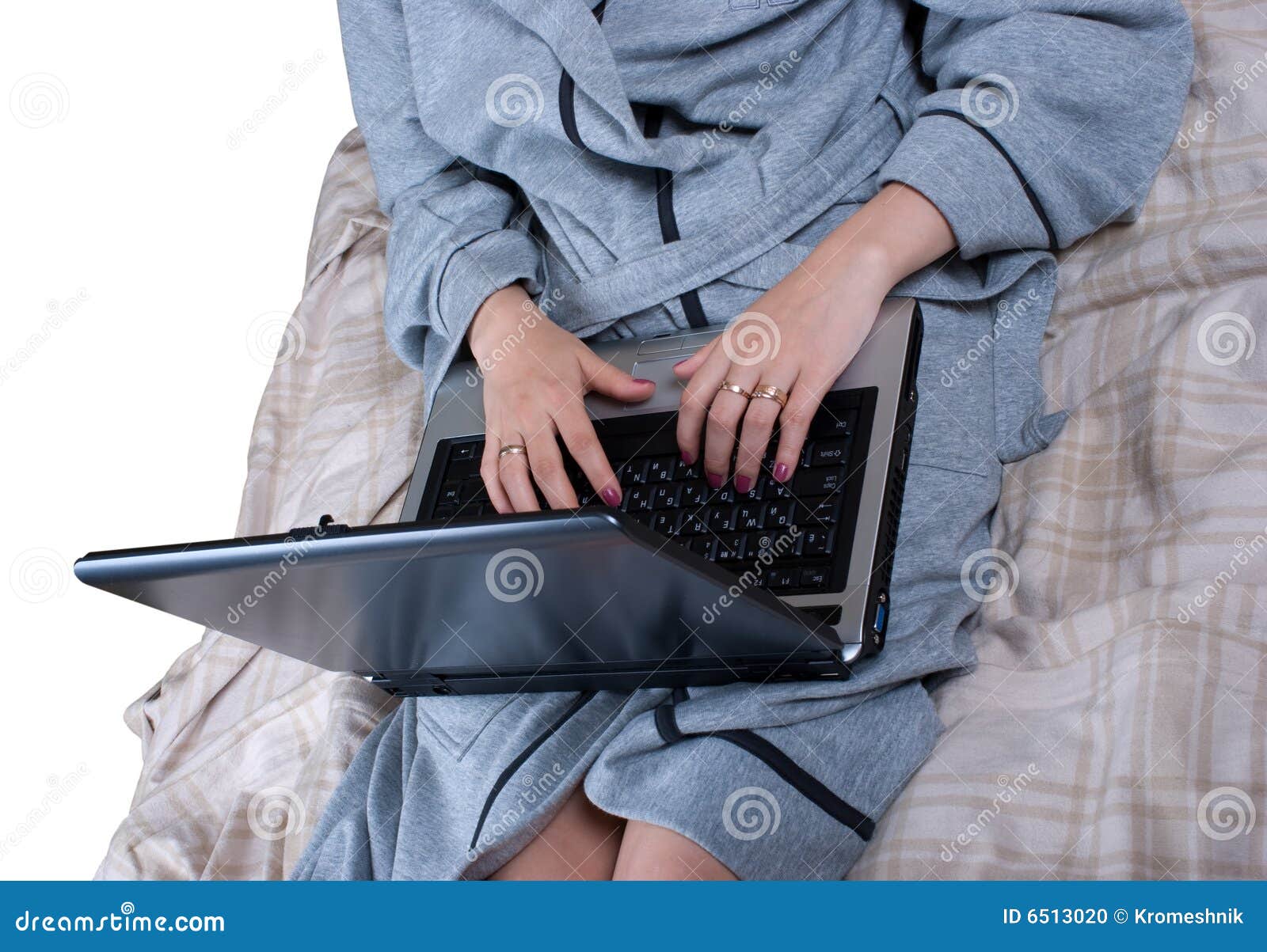The Girl in a Dressing Gown with the Laptop Stock Photo - Image of ...