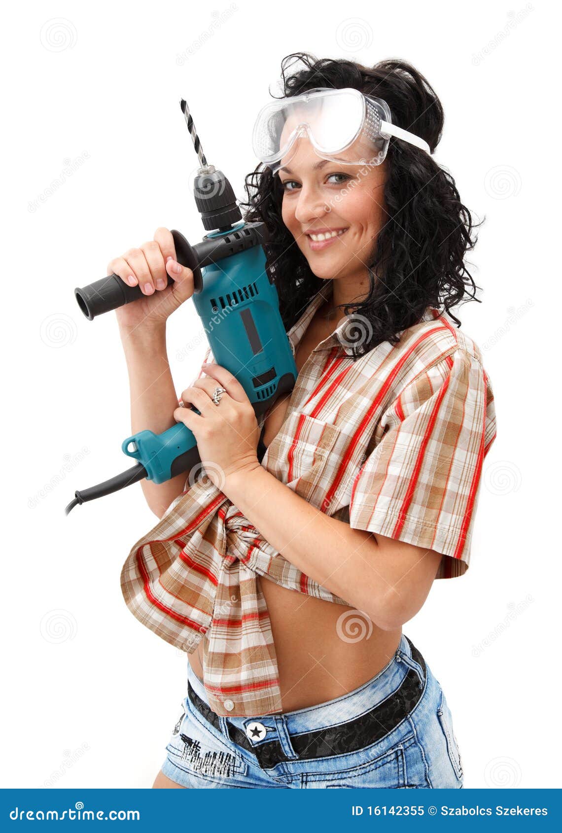 Girl with drilling machine stock image. Image of pretty - 16142355