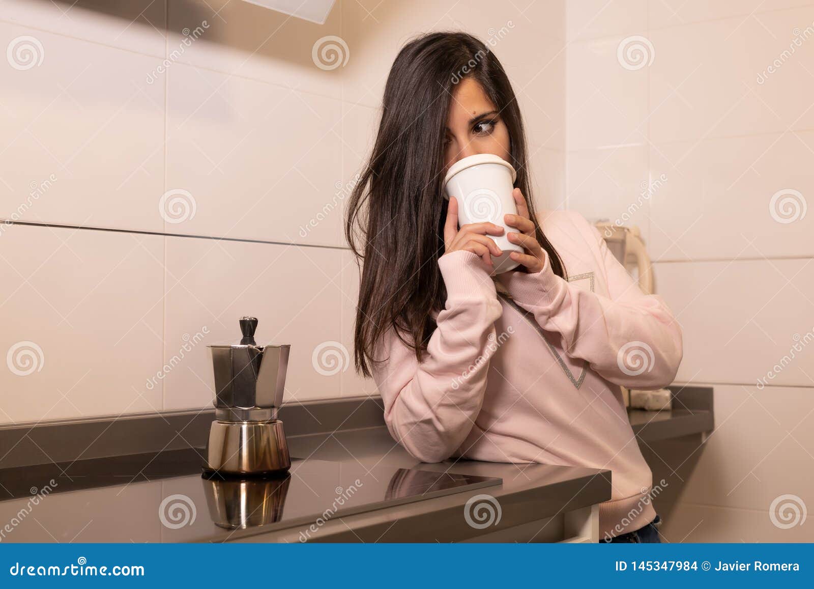Girl Drinking Coffee in Her Kitchen Stock Photo - Image of cook ...